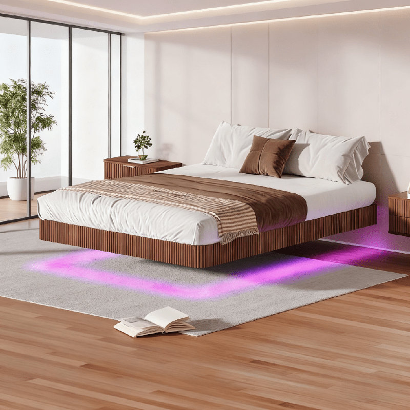 One Allium Way® Walnut Floating Bed Frame, Wave Curve Wood Texture with ...