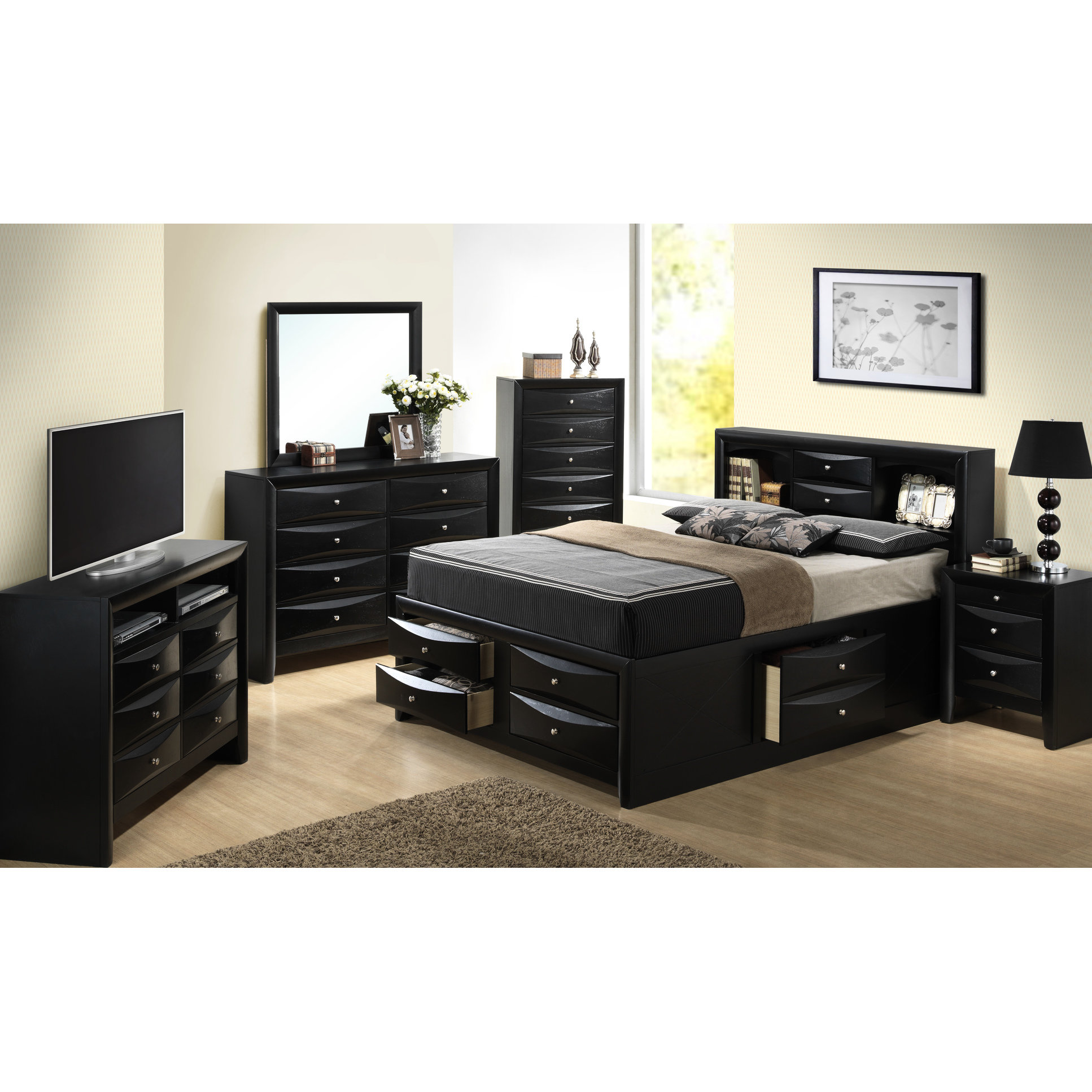 Everly Quinn Modern Black King Storage Bed With Spacious Bedroom And ...
