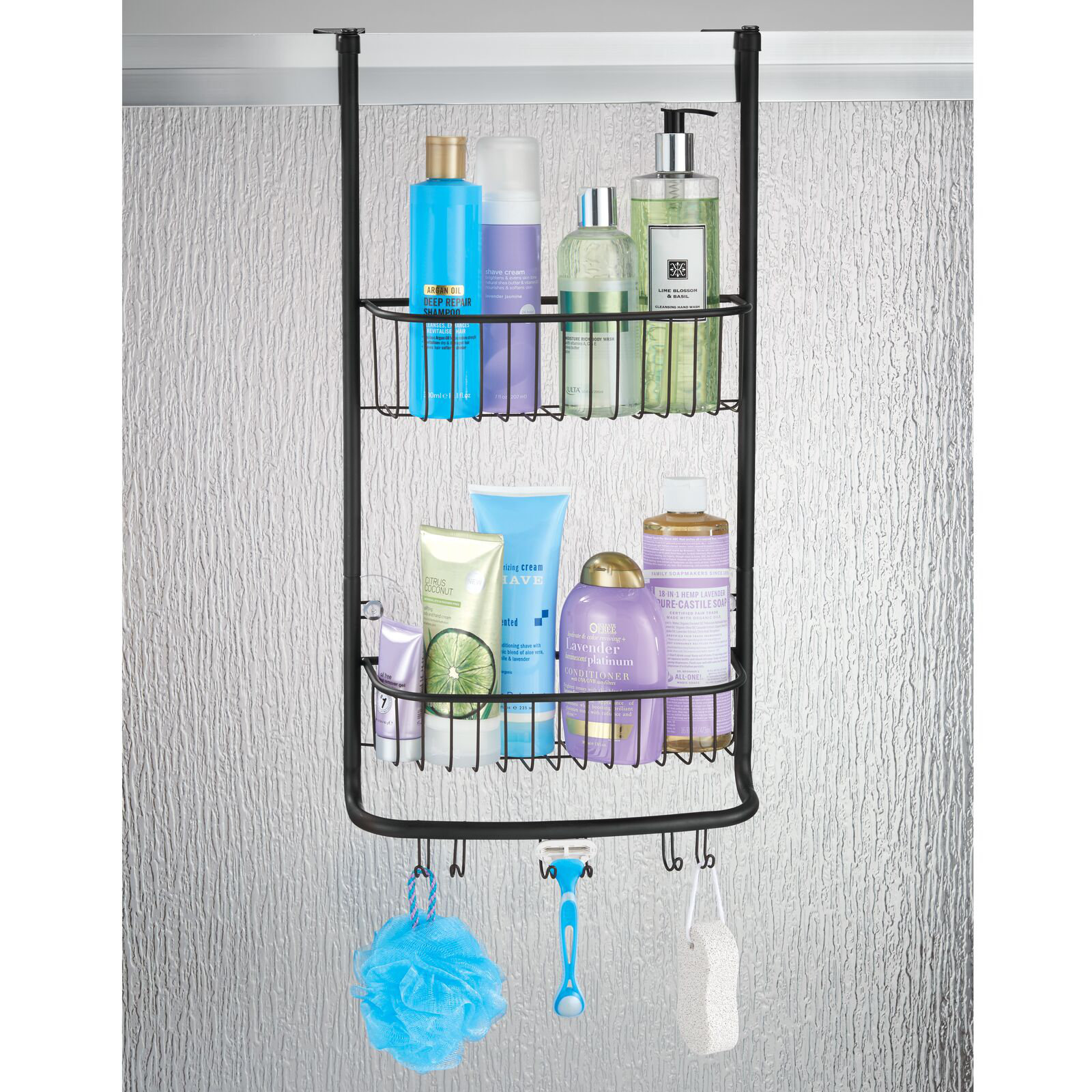 mDesign Stainless Steel 2-Tier Bath/Shower Over Door Caddy with Hooks ...