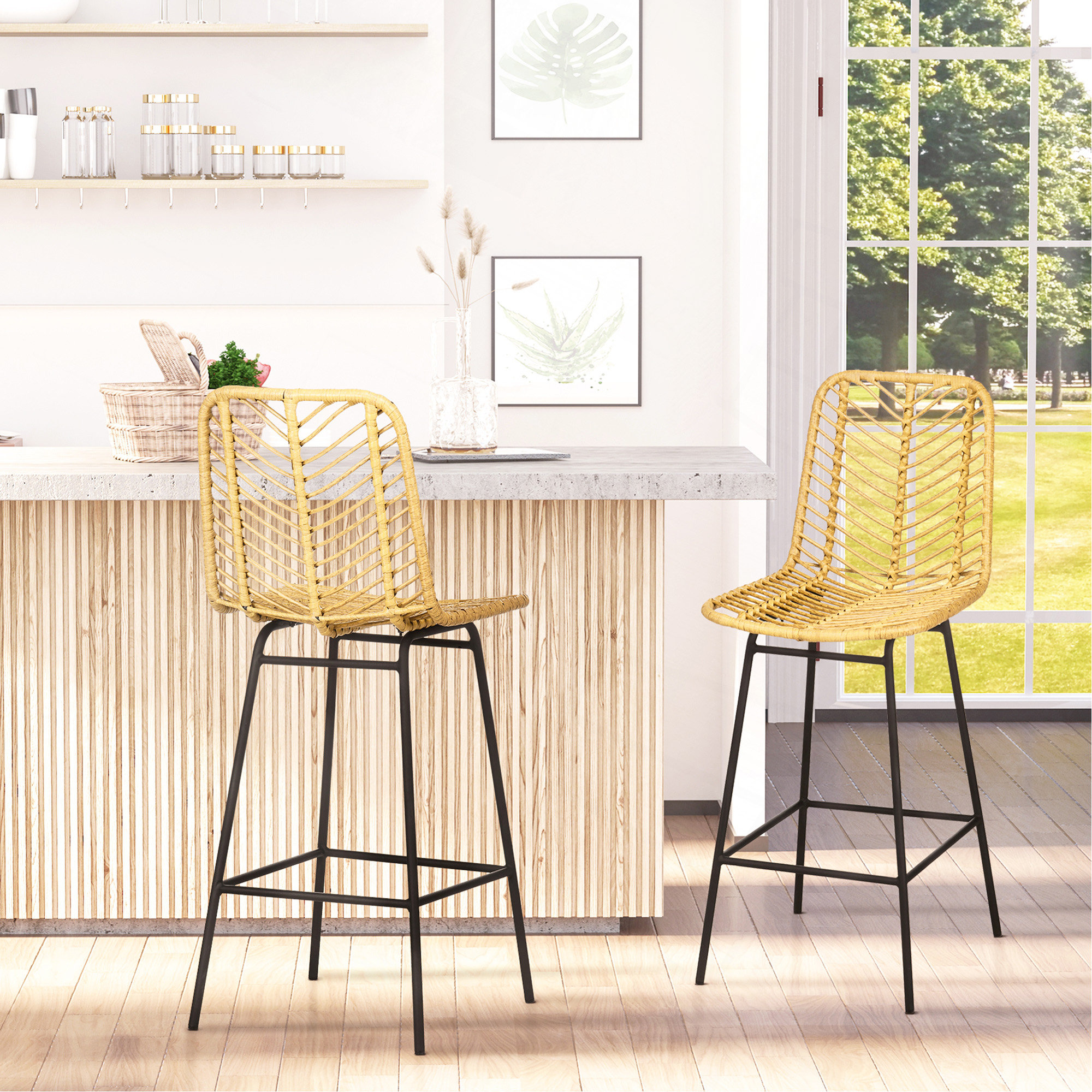 Dakota Fields Rattan Bar Stools Set Of 2, 26" Counter Height Barstools ...