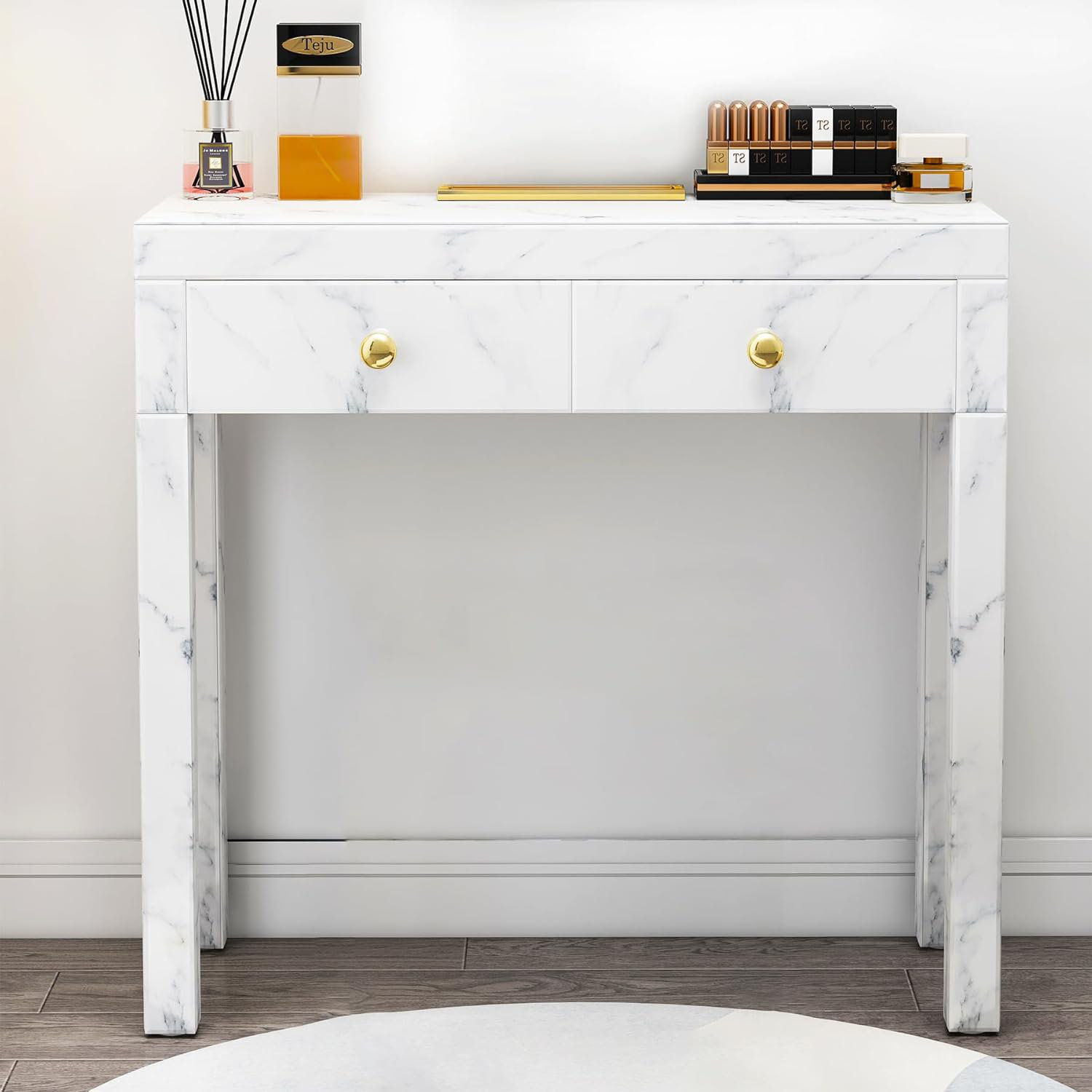 Brayden Studio® Vanity Desk Without Mirror, Glass White Marble Makeup ...