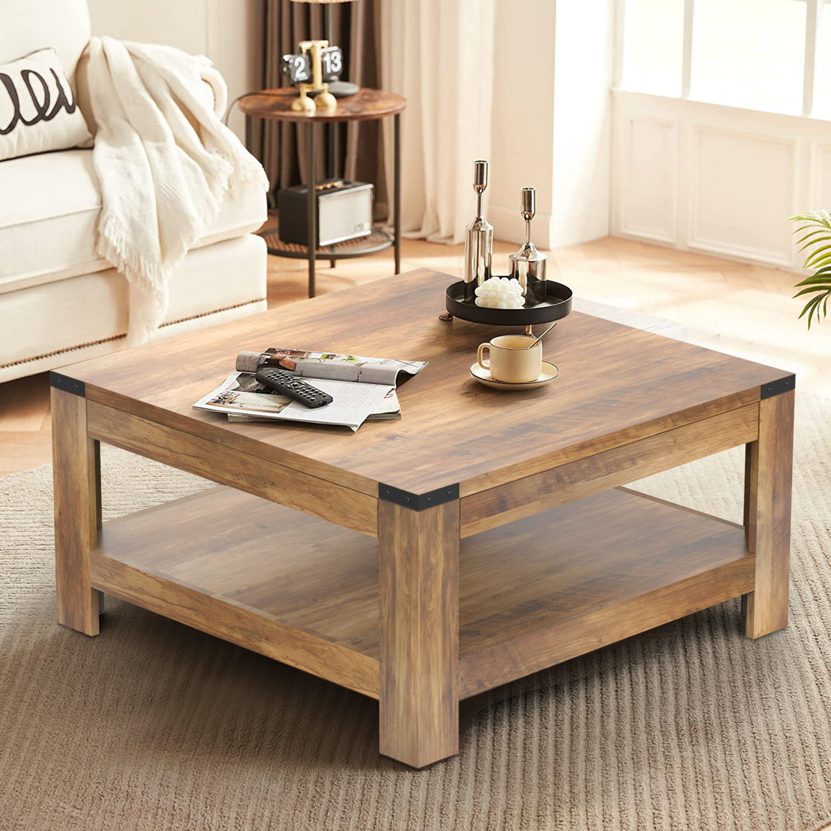 Millwood Pines Zara Square Coffee Table With 2-tier Storage Shelves ...