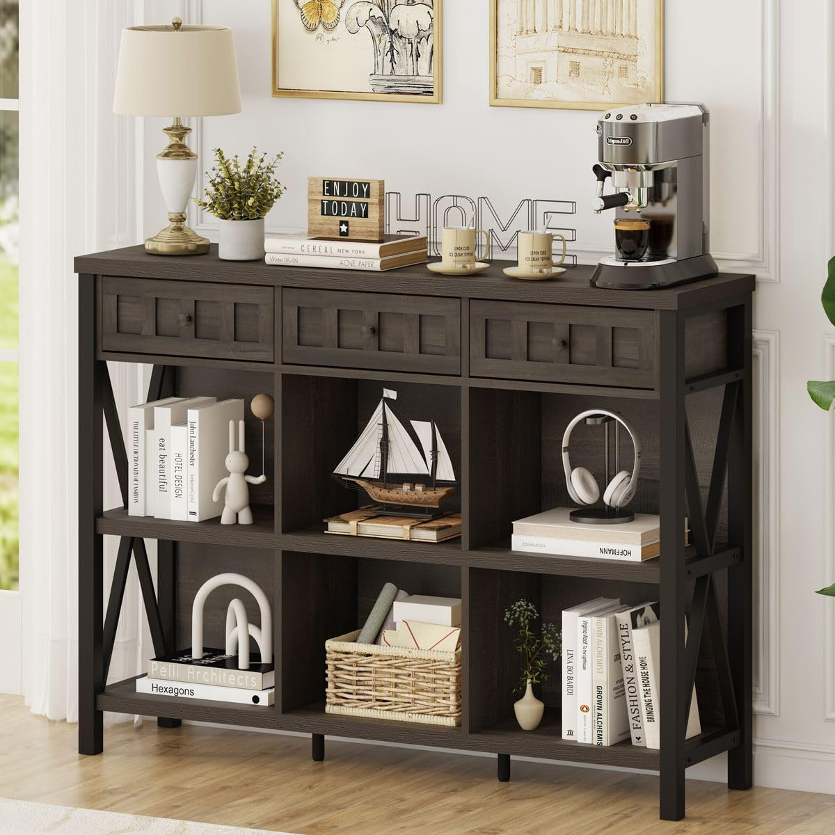 17 Stories Rustic 6 Cube Bookcase With 3 Drawers, Long Horizontal ...