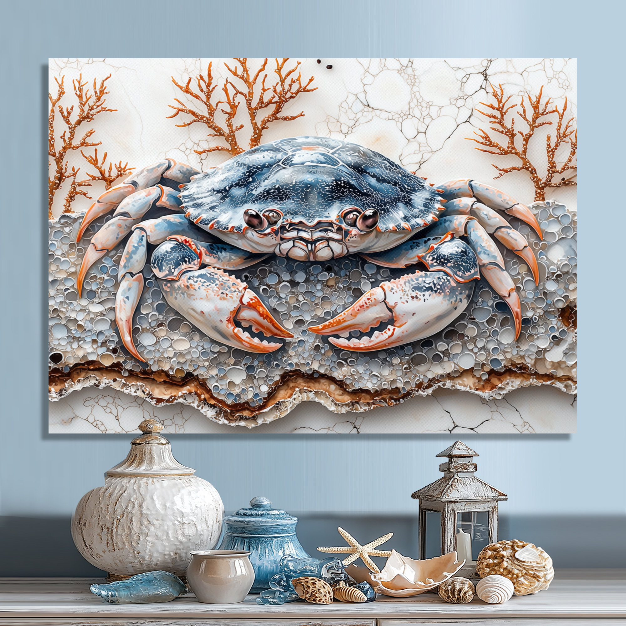 Ivy Bronx Aquarium Blue And White With Large Crab II - Crab Metal Wall ...