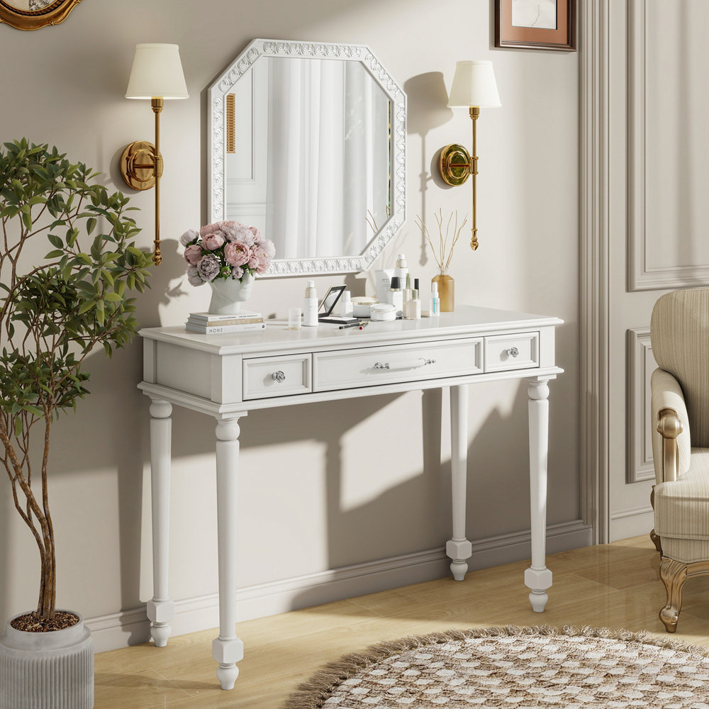 Rosdorf Park Retro Makeup Desk with Large Octagonal Mirror and 3-Drawer ...