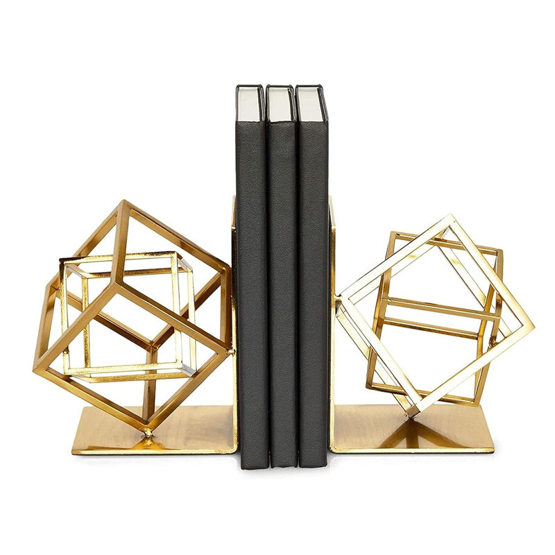 Everly Quinn Decorative Gold Bookends with Square Metal Geometric ...
