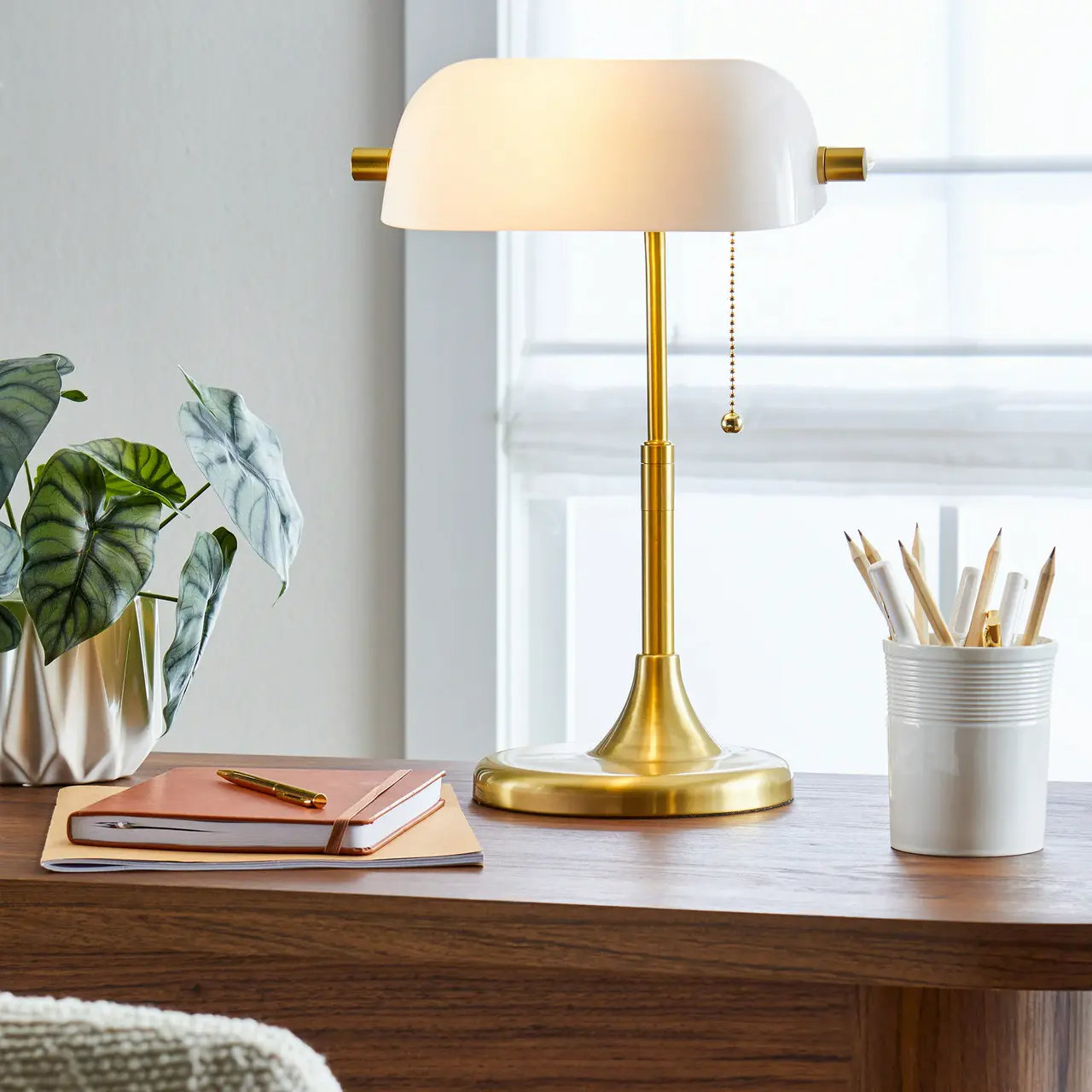 Mercer41 19" Gold/White Modern Glass Banker Desk Lamp | Wayfair