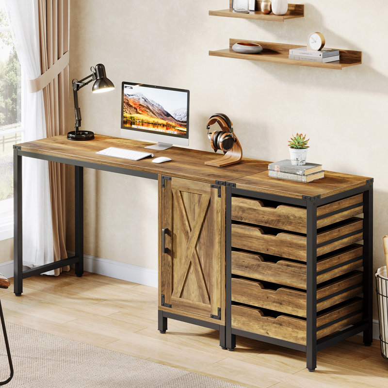 Gracie Oaks Reversible Computer Desk With Cabinet And a 5-Drawer ...