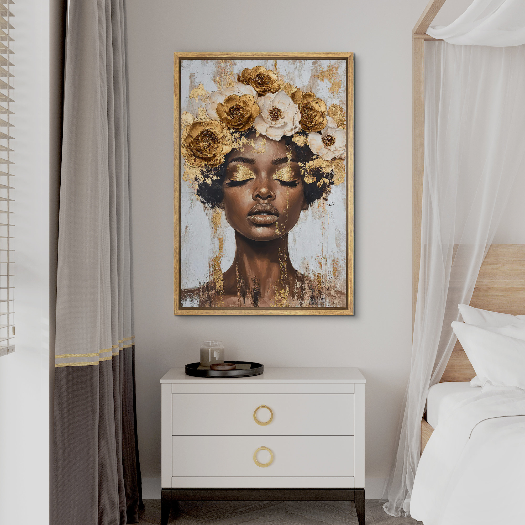 IDEA4WALL Elegance Gold Floral Garland Brown African American Portrait ...