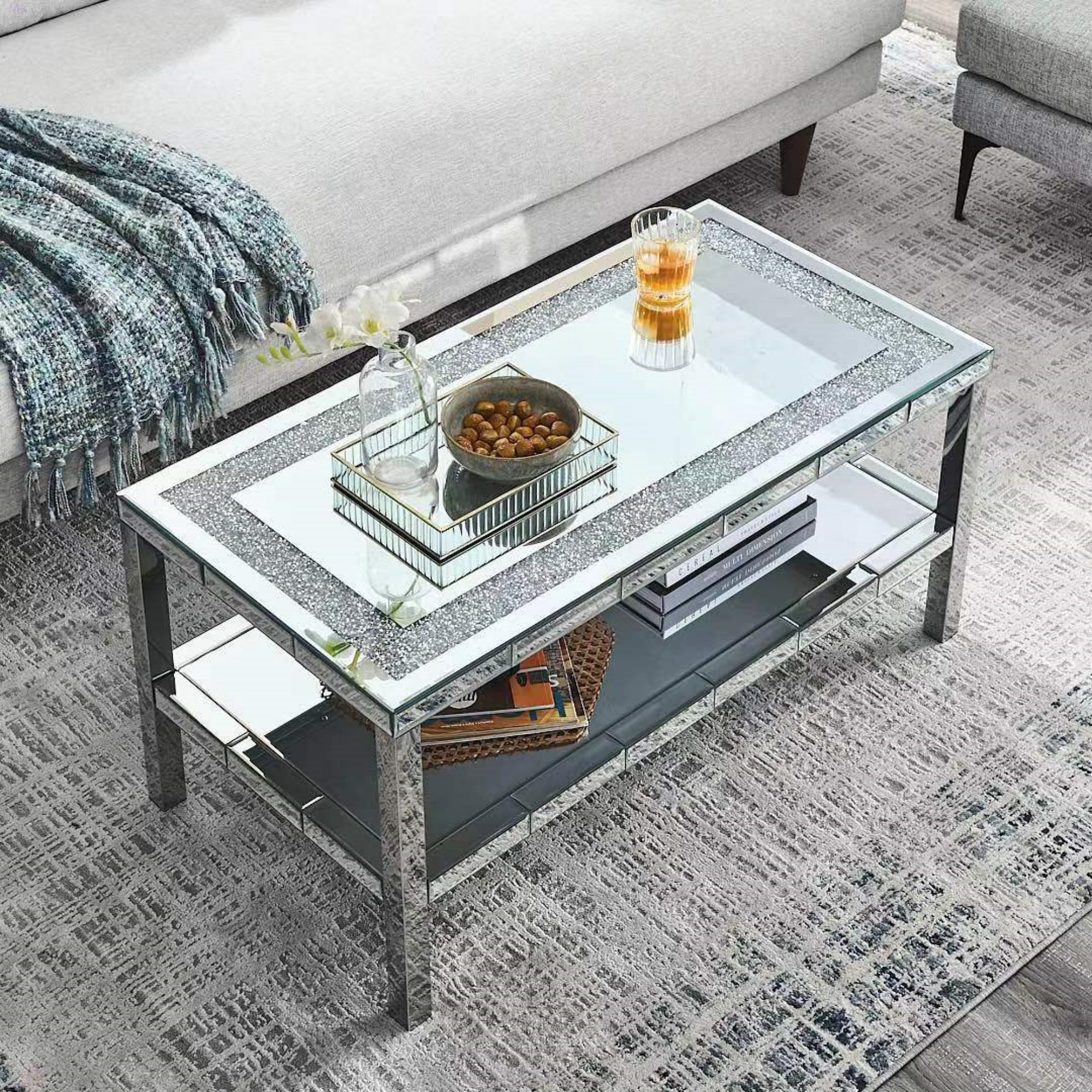 Mercer41 2-Layer Crystal Mirror Stainless Steel Frame Coffee Table For Use In Offices, Shops ...