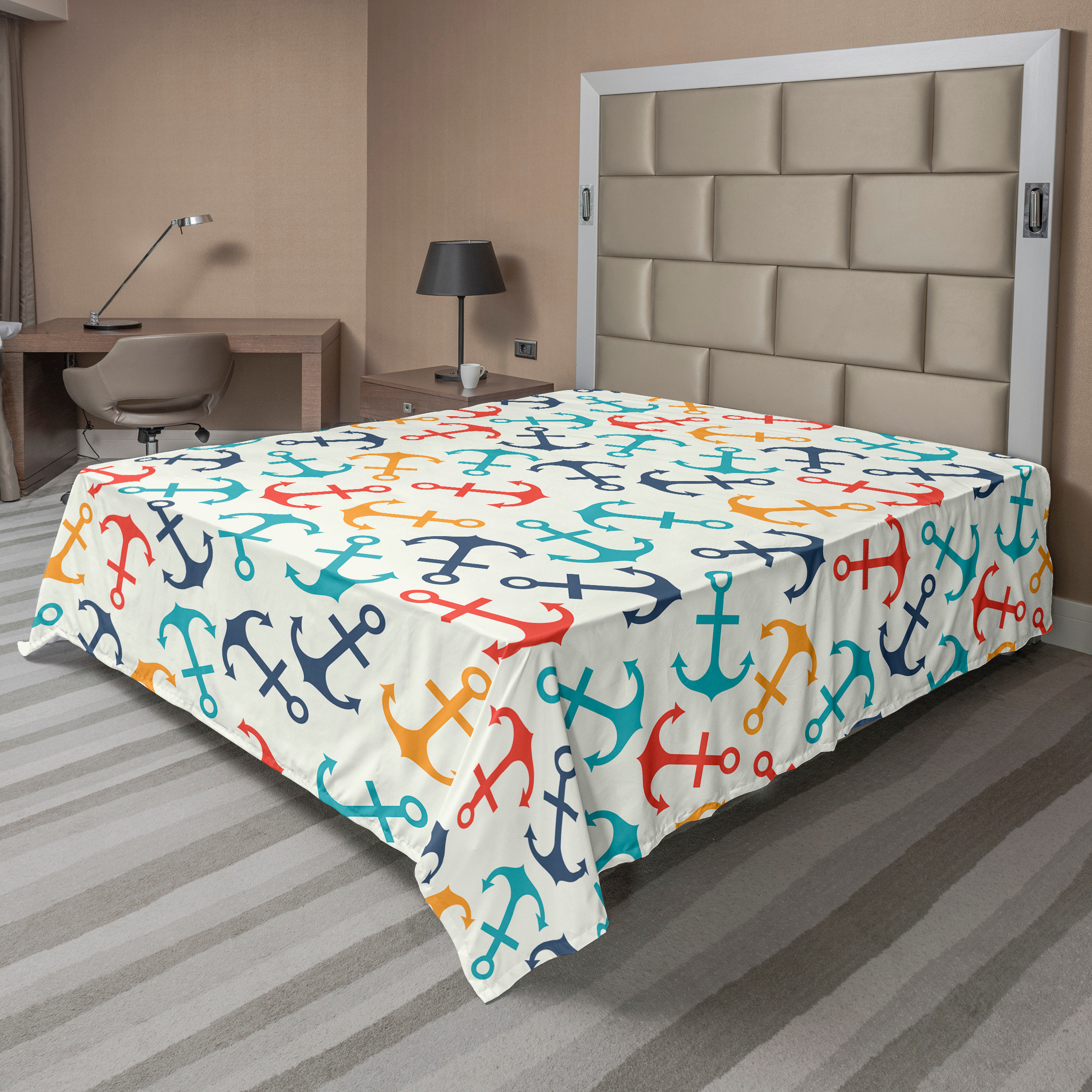 Ambesonne Colorful Top Flat Sheet Anchor Shape in Lines Beige ...