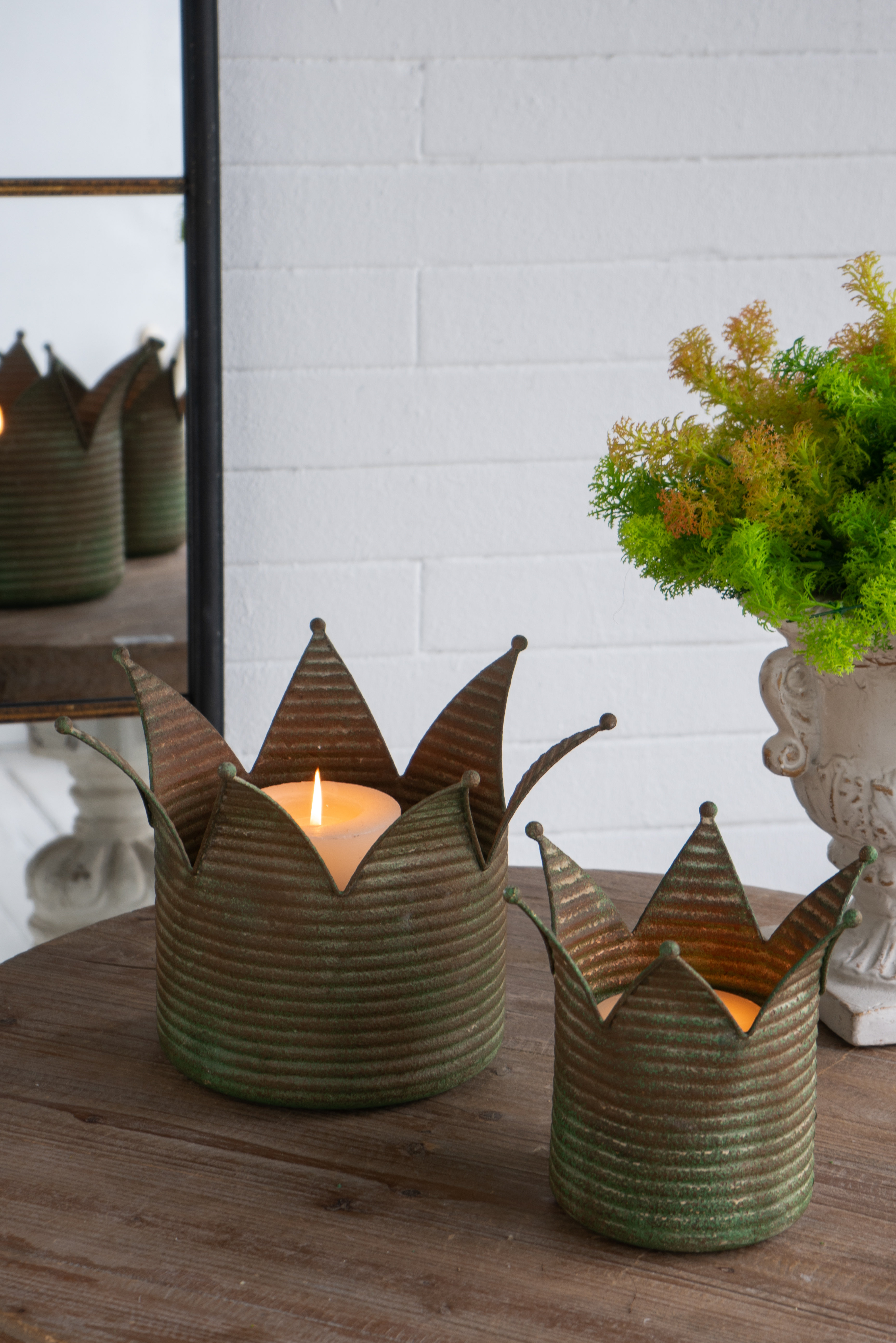 Williston Forge S/2 Iron Crown Planters With Distressed Grey And Green ...