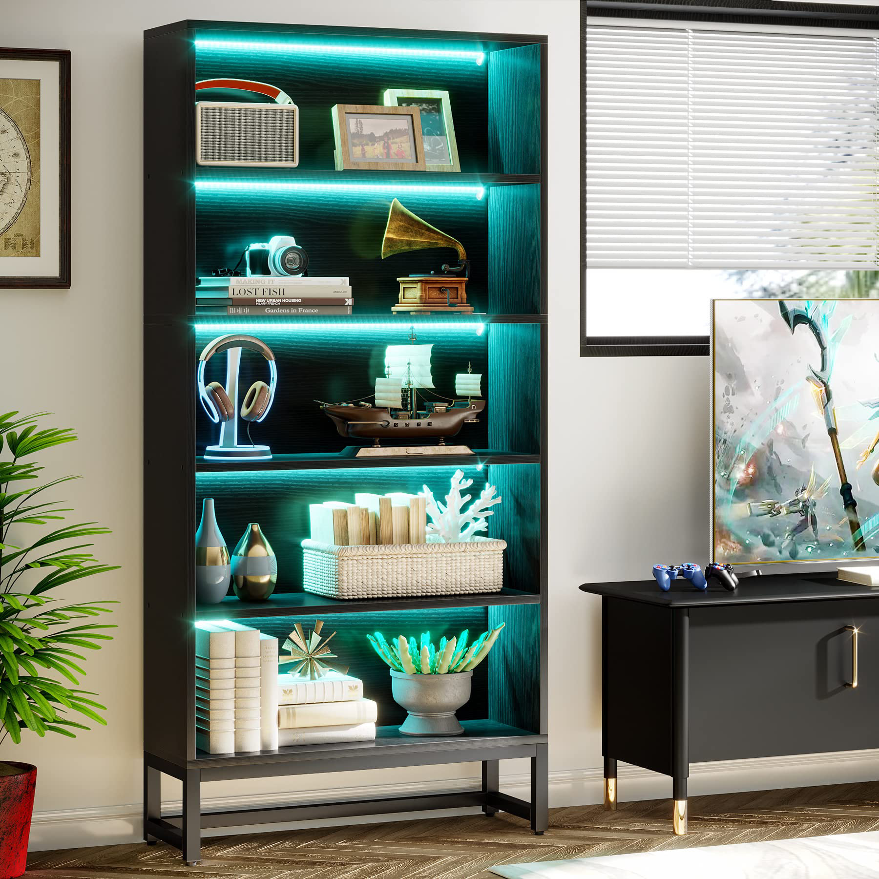 Brayden Studio Large Bookcases Organizerwithled Lights, Heavy Duty Free ...