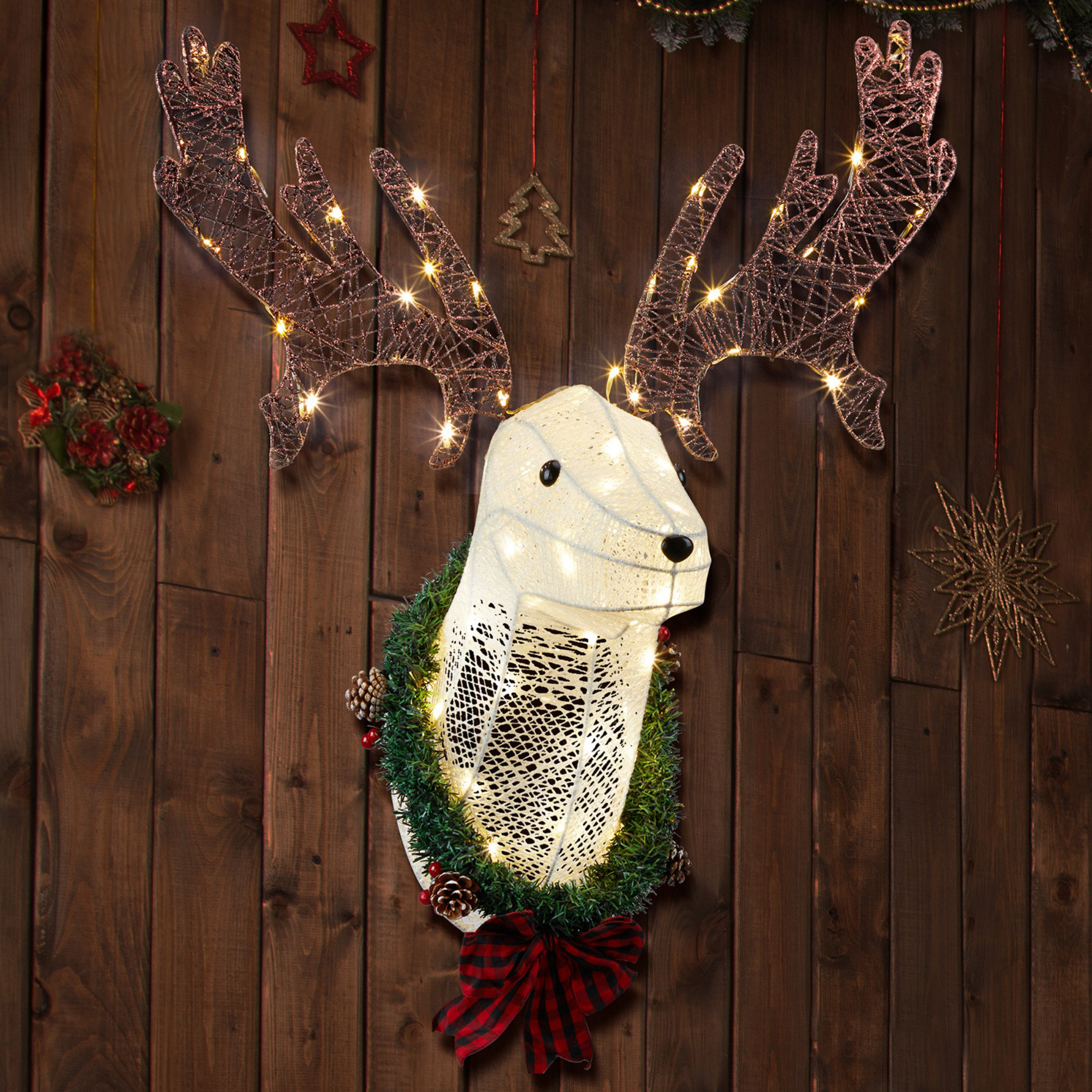 The Holiday Aisle® 35 Inch Wall Mounted Deer Head Wreath Christmas ...