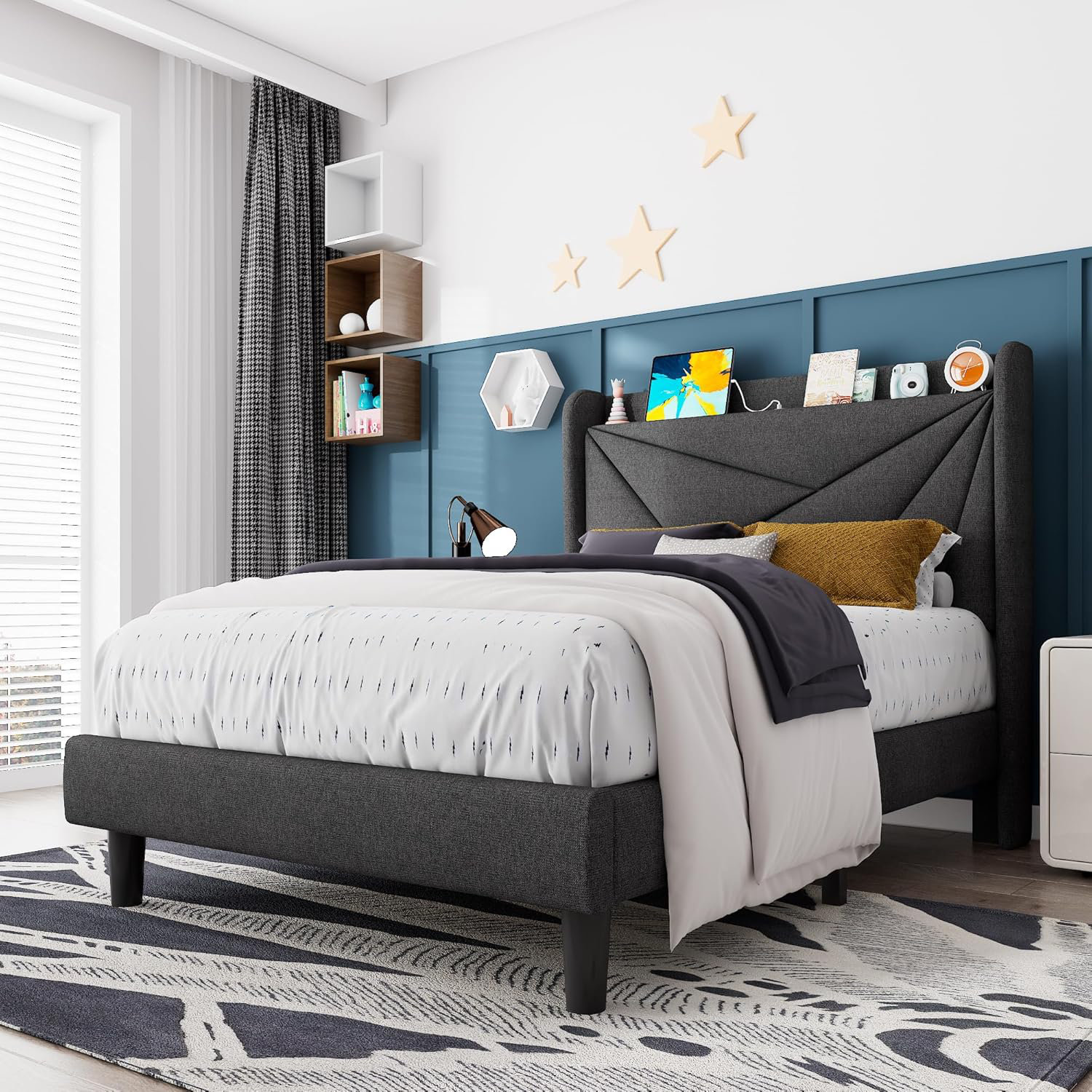 Wrought Studio™ Bed Frame With Charging Station, Linen Upholstered ...