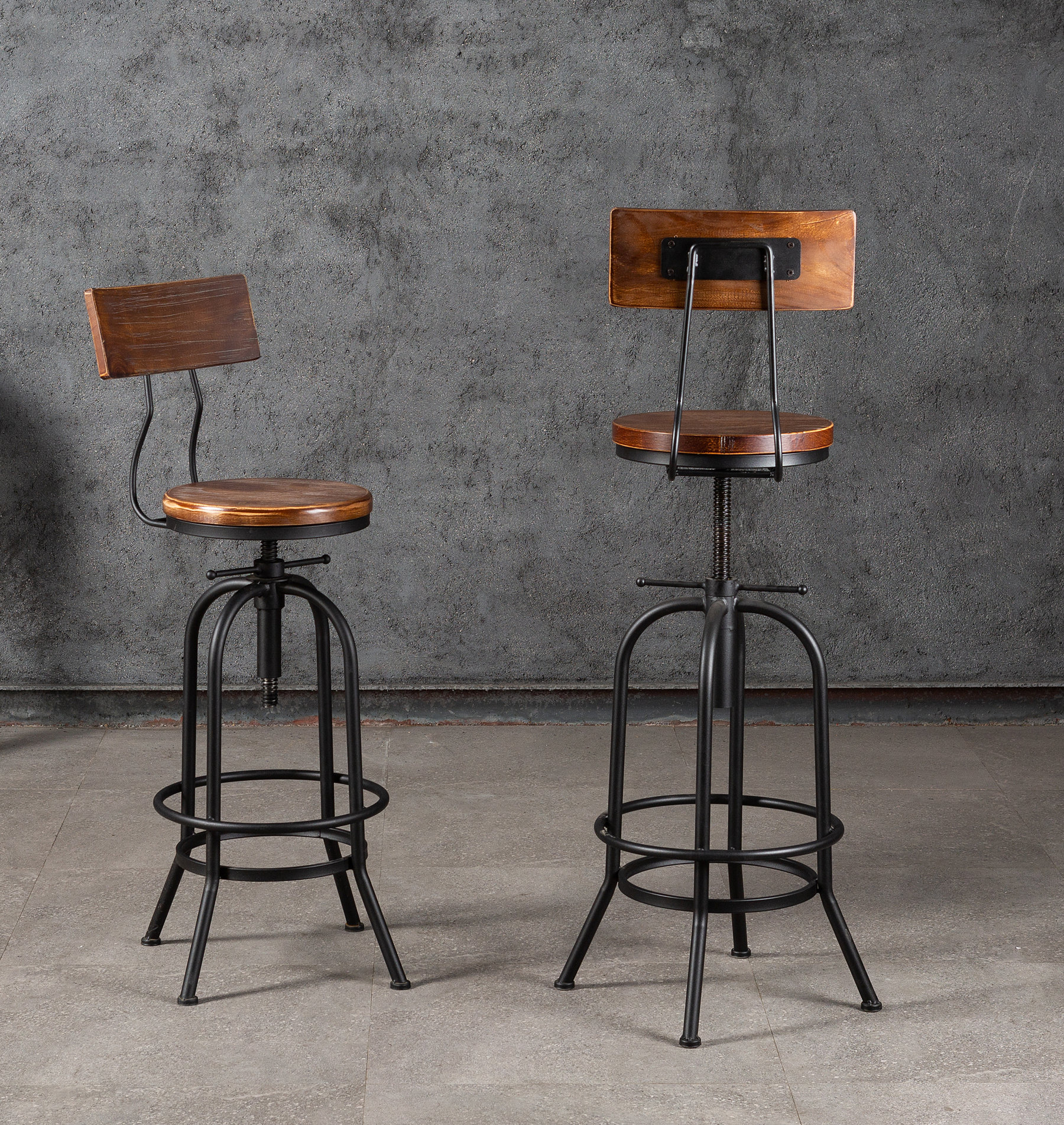 Williston Forge Industrial Bar Stool-Adjustable Swivel Round Wood Metal ...