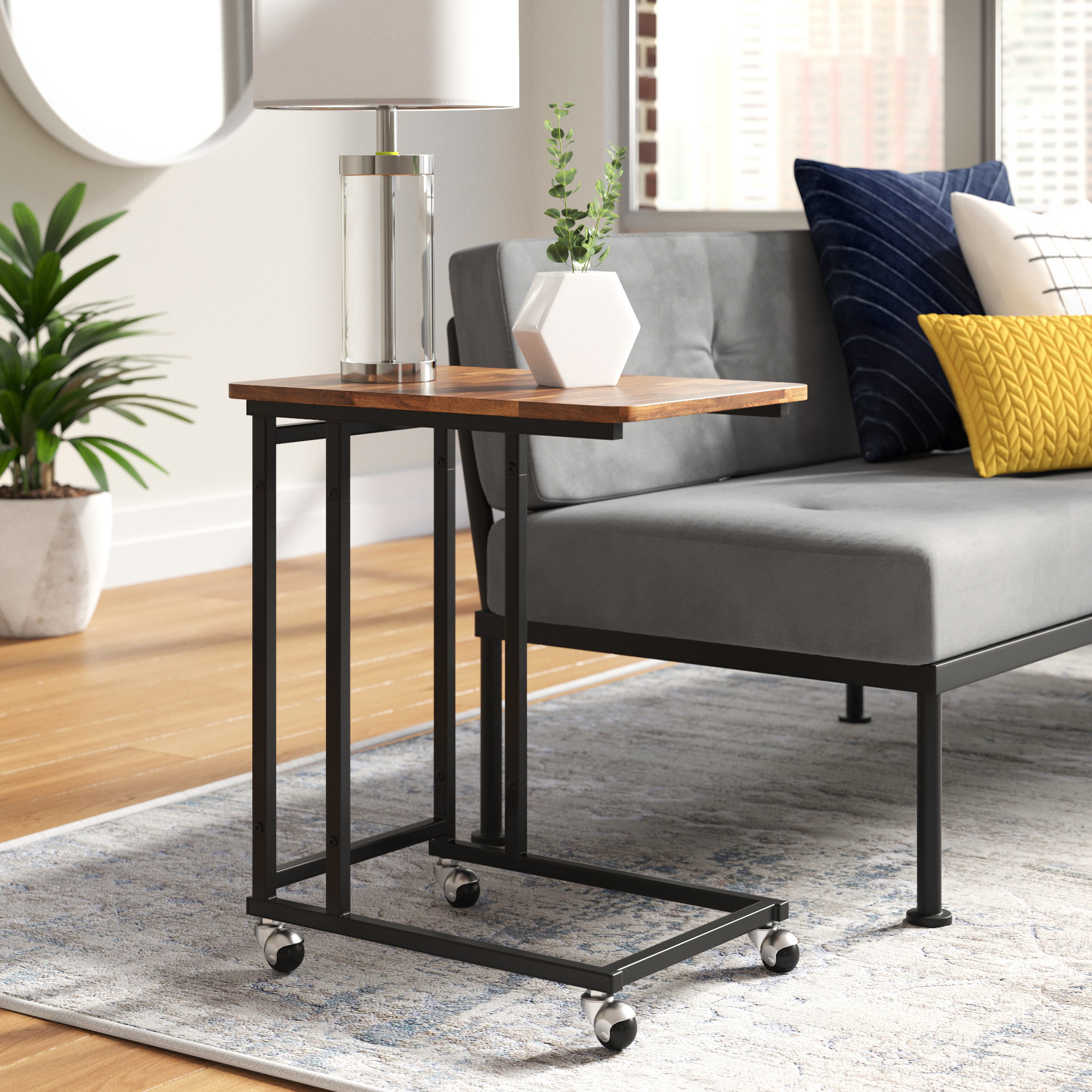 Inbox Zero Classic C Shape Mobile Side Table with Wood Top and Metal ...