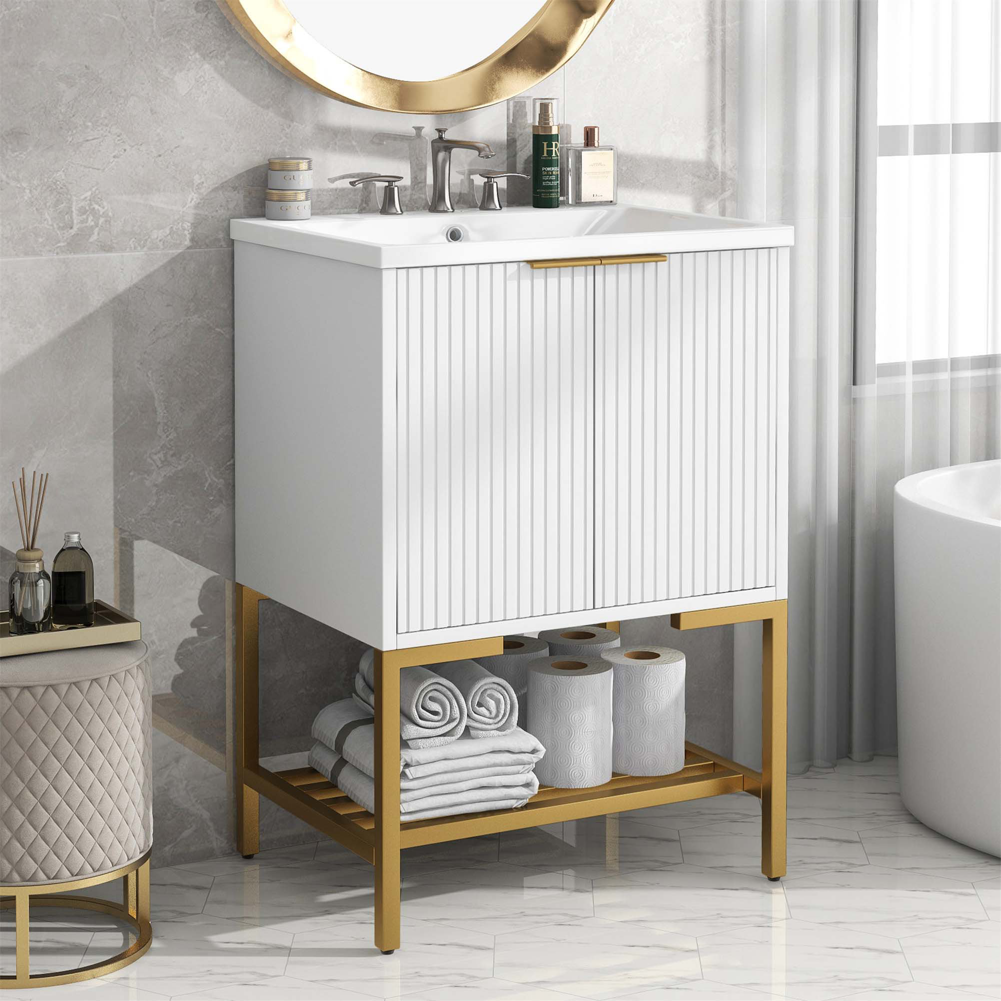 Ebern Designs Bathroom Vanity With Sink, Bathroom Vanity Cabinet With Two Doors And Gold Metal ...