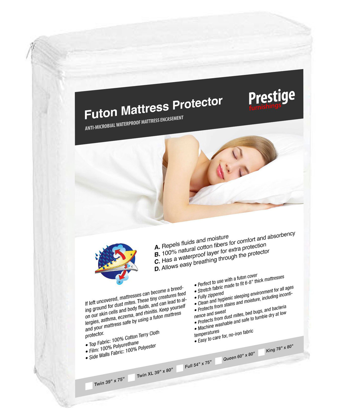 Prestige Furnishings Futon Mattress Protector - Zippered Style - Cotton ...
