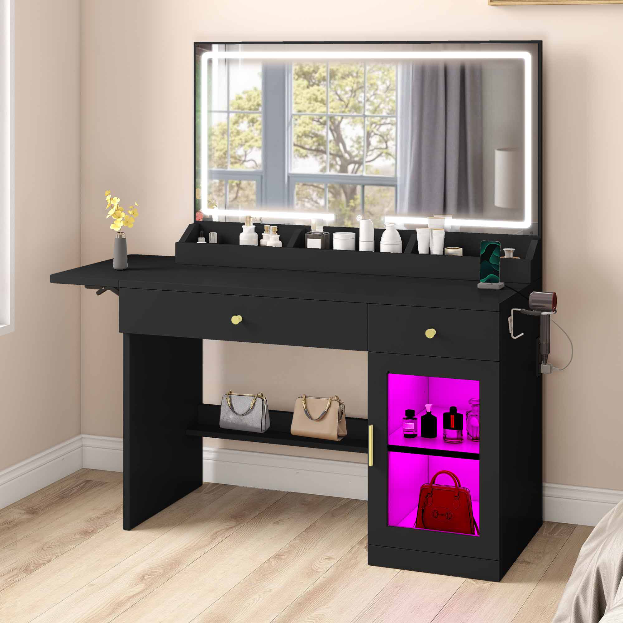 Ivy Bronx Makeup Vanity Desk With Mirror, Lights And RGB Cabinet | Wayfair
