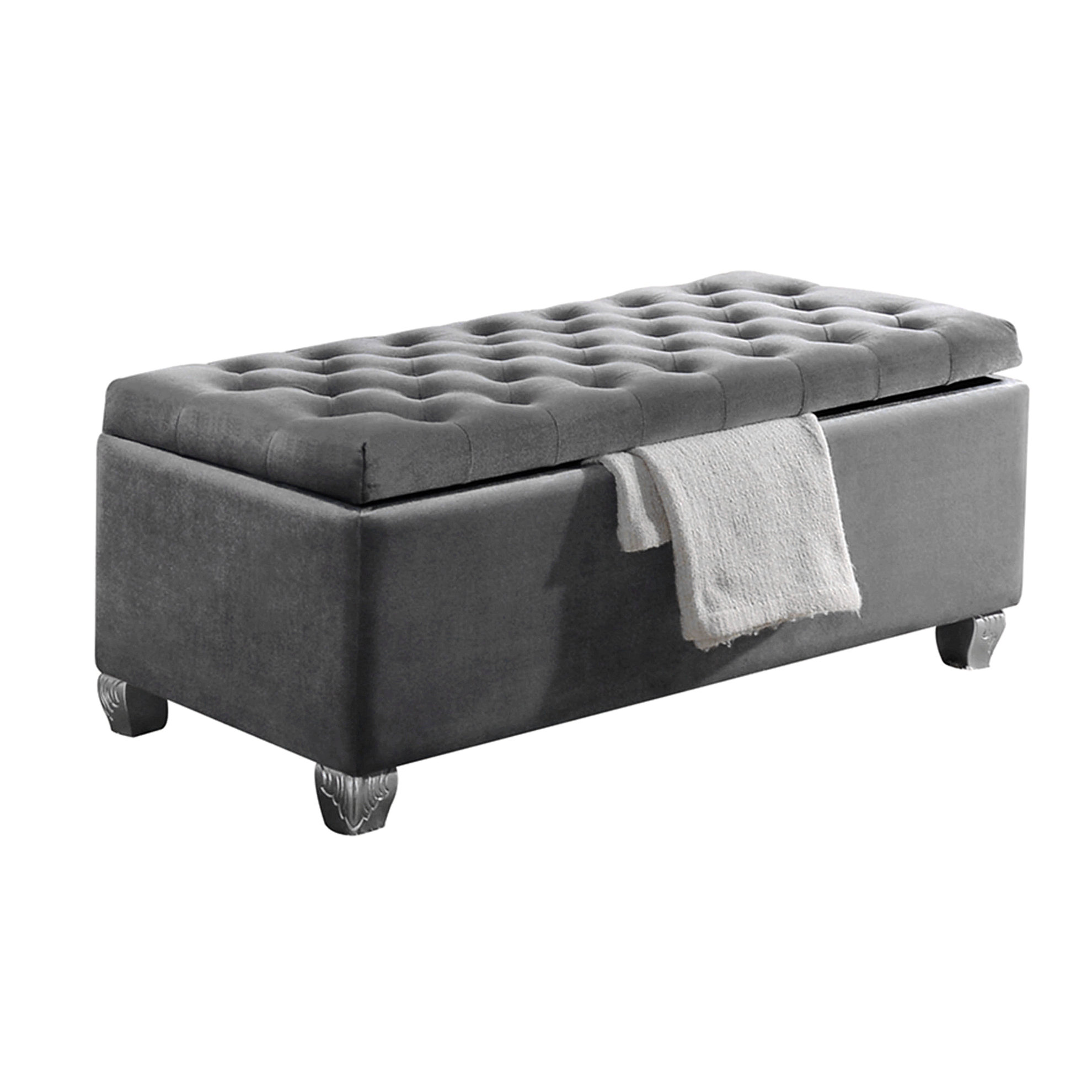 House of Hampton® Lift-Top Storage Bench With Grey Velvet Upholstery ...
