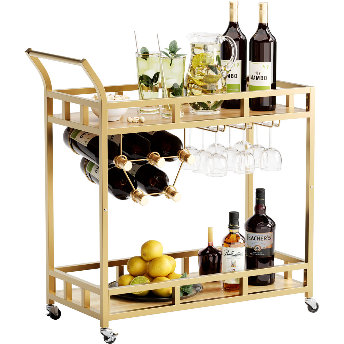Mercer41 Double Removable Bar Cart with Wine Rack, Secure, Gold | Wayfair