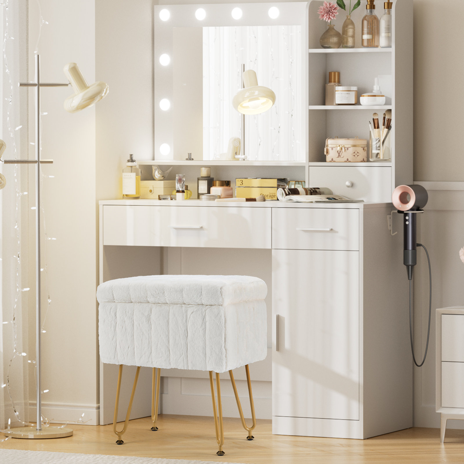 Ebern Designs Lumina Makeup Vanity Desk and Stool Set with LED Lighted ...