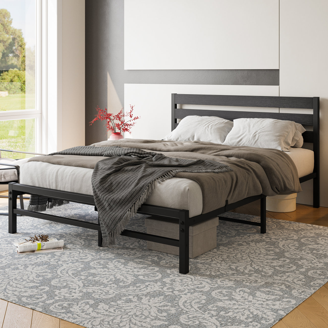 Hokku Designs Platform Bed Frame With Wooden Headboard Under Bed Frame ...