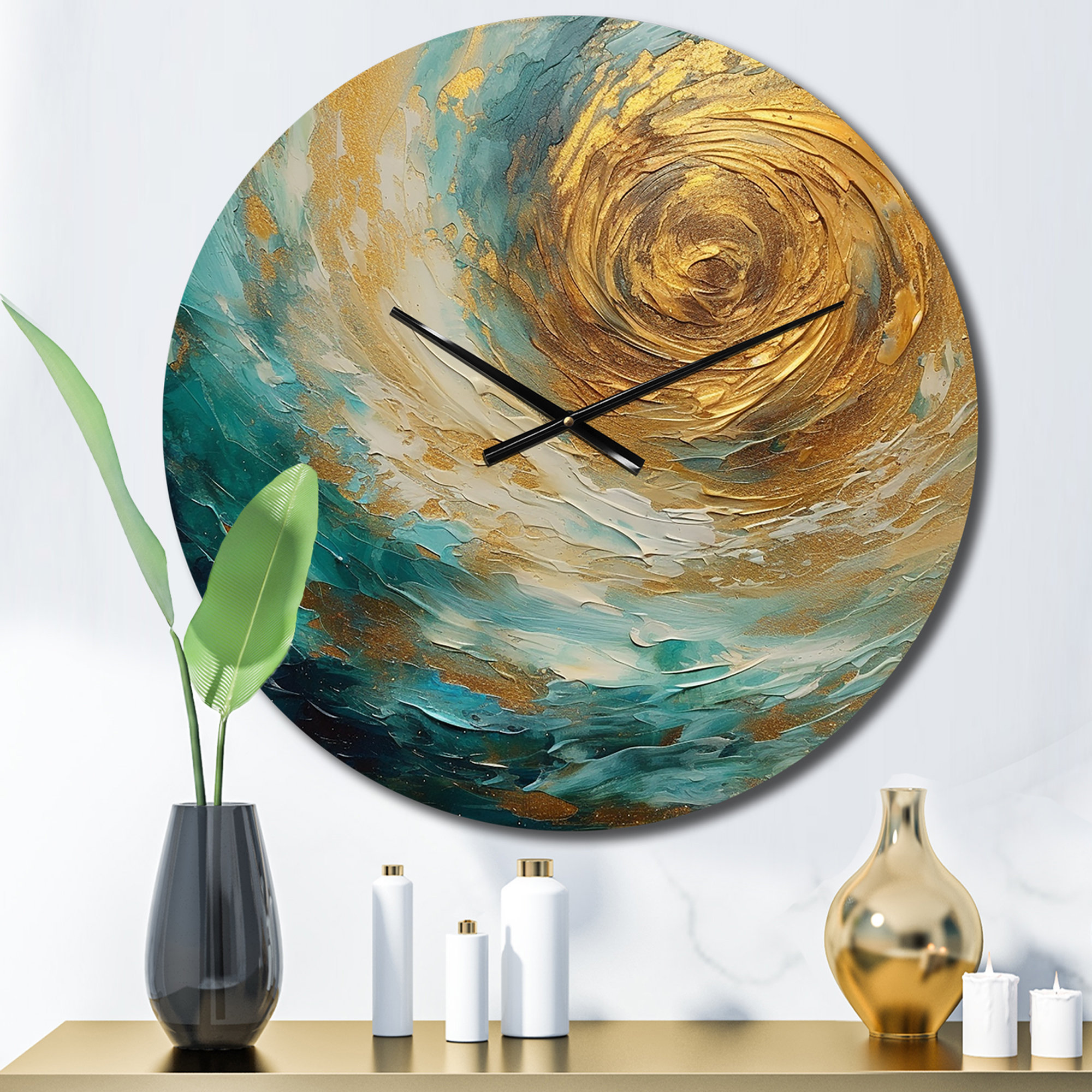 Design Art Golden Ocean Spiral Waves Painting III Metal Wall Clock ...