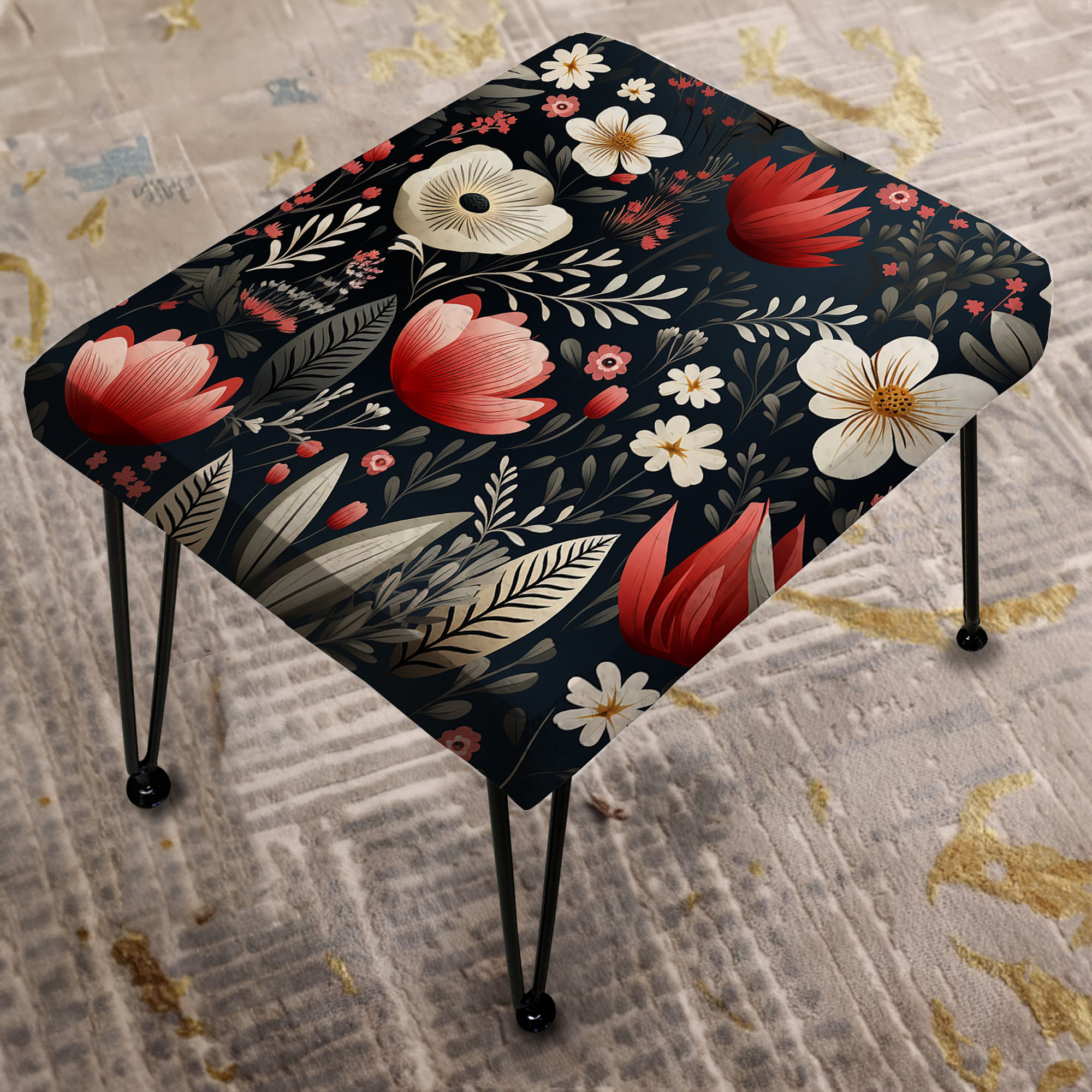 Design Art Rustic Red And White Garden Charm - Floral Rectangle Ottoman ...