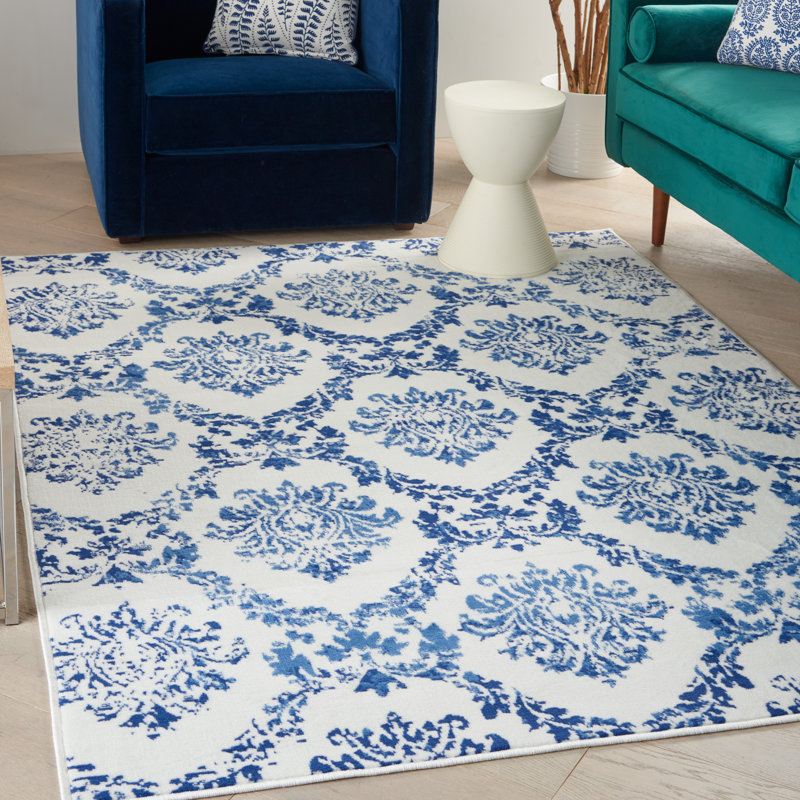 Charlton Home® Businge Damask Blue/White Area Rug & Reviews | Wayfair