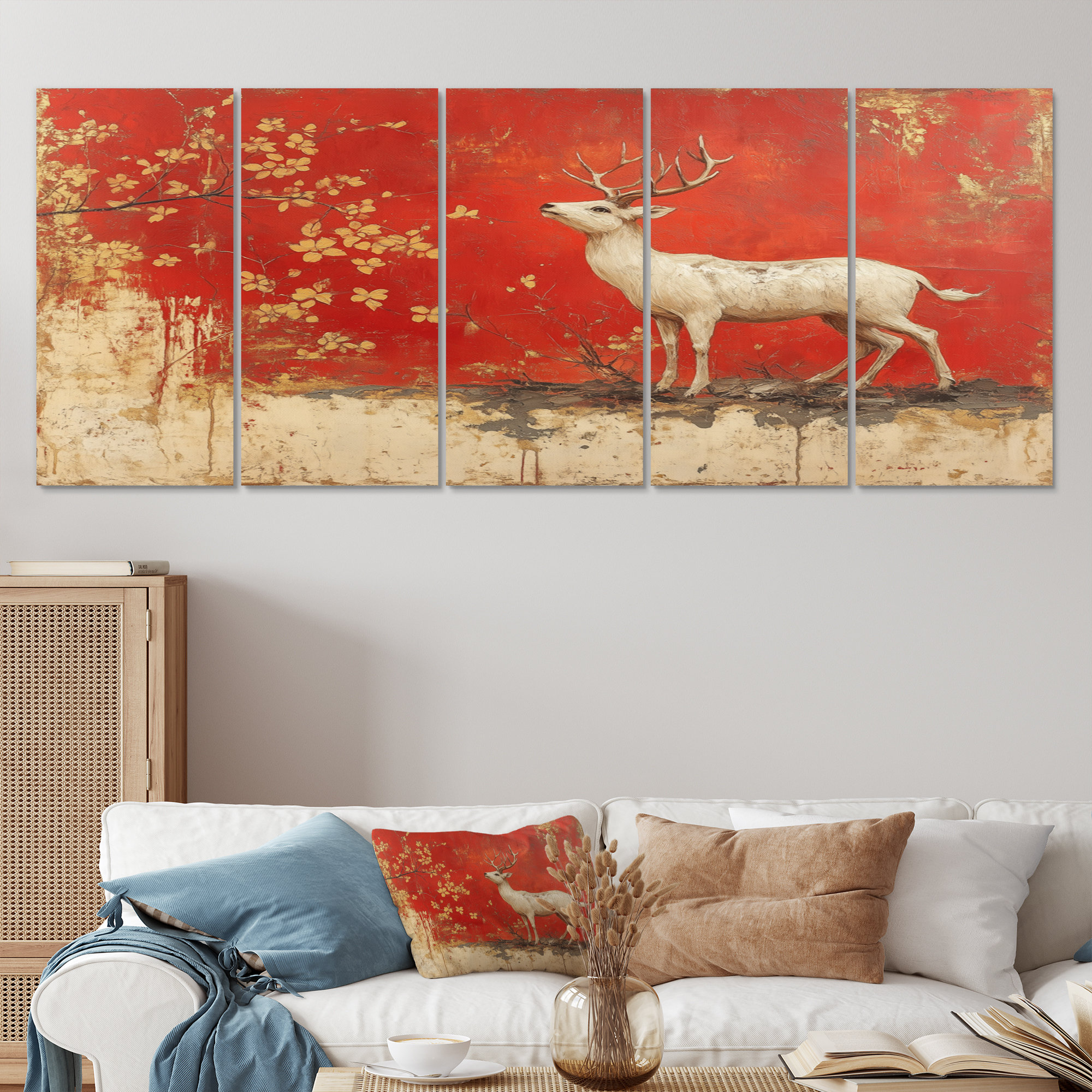 Millwood Pines White And Red Deer Chinese Zodiac - Deer Animal Wall Art ...