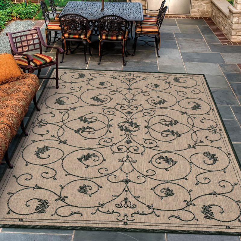 Charlton Home® Ariadne Floral Cocoa Black Indoor Outdoor Area Rug ...