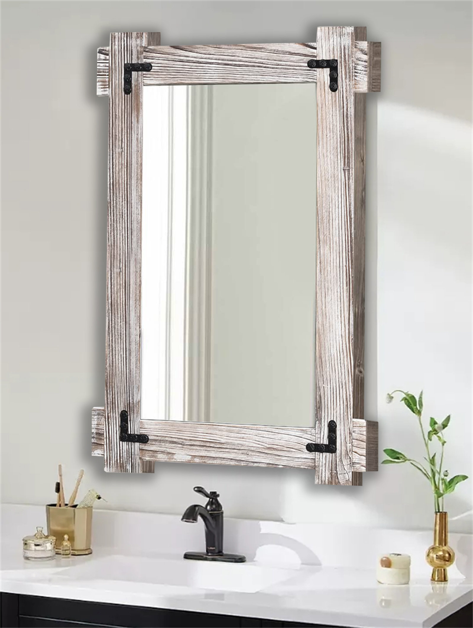 Gracie Oaks Farmhouse Wooden Wall Mirror - Rustic Rectangular Bathroom ...