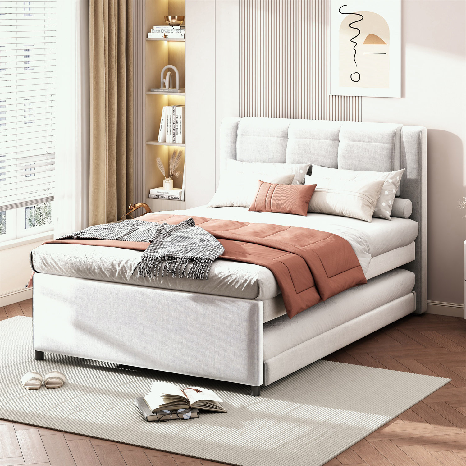 Latitude Run® Full Size Upholstery platform bed with Trundle | Wayfair