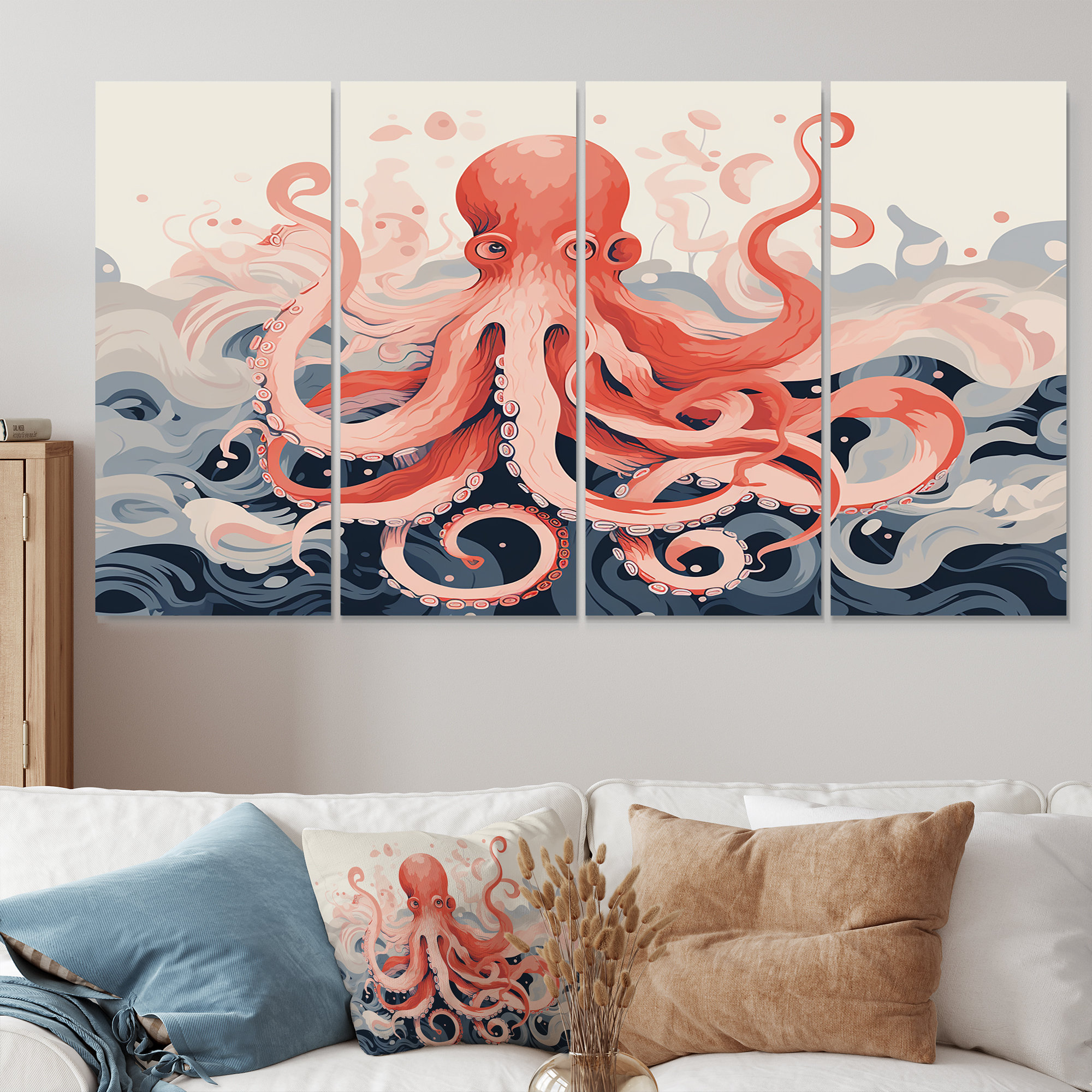 Design Art Octopus Queen On The Waves Retro Illustration - Octopus ...
