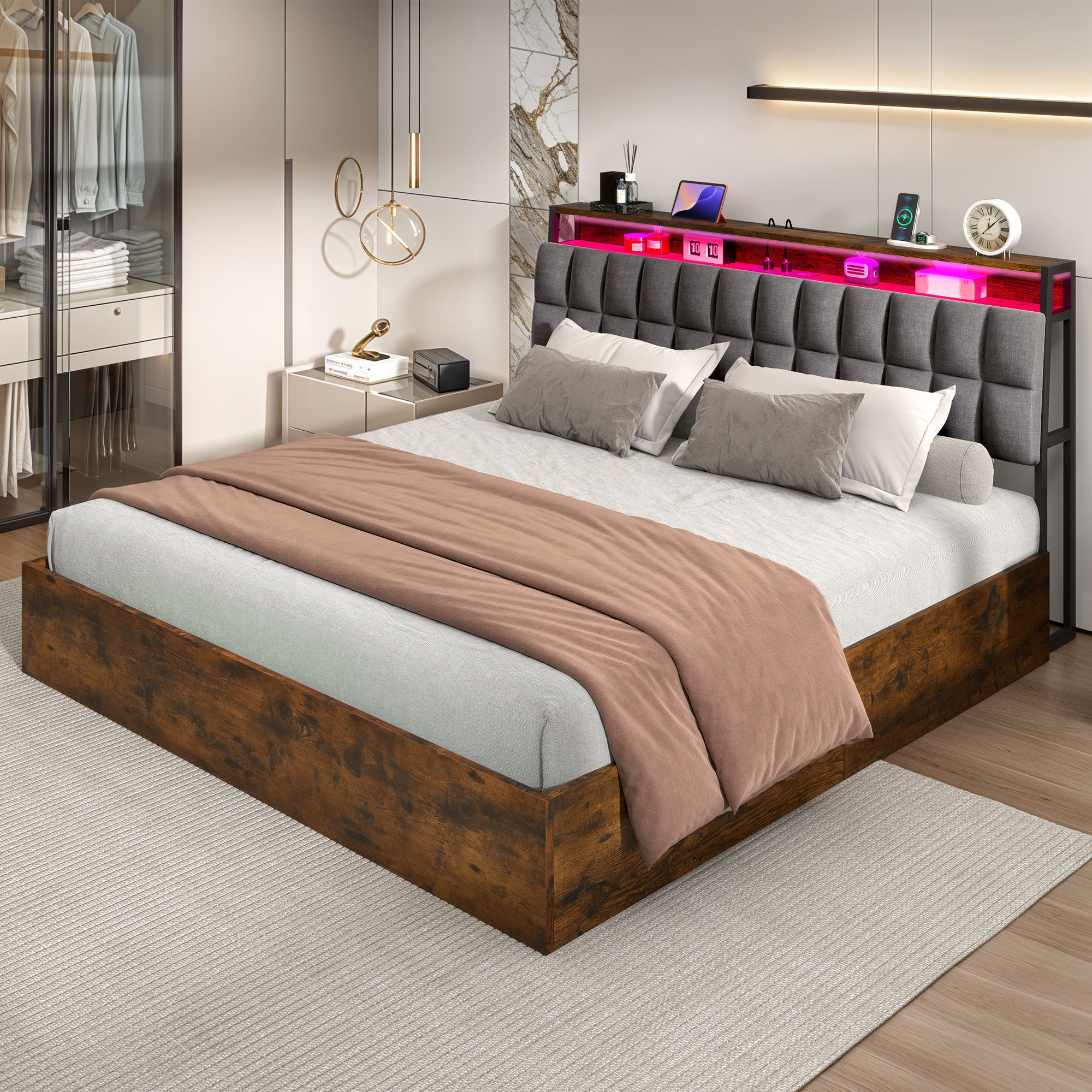 Ivy Bronx Lift Up Storage Bed With Charging Station & Linen Upholstered ...