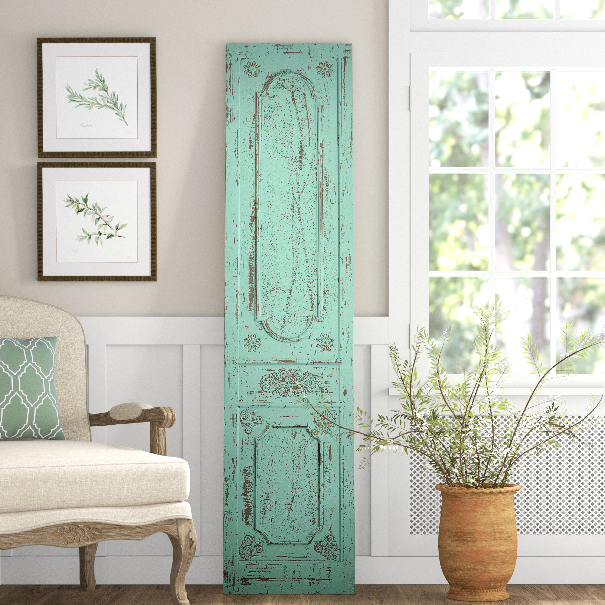 One Allium Way® Wood Distressed Antique Door Panel Scroll Green Wall ...