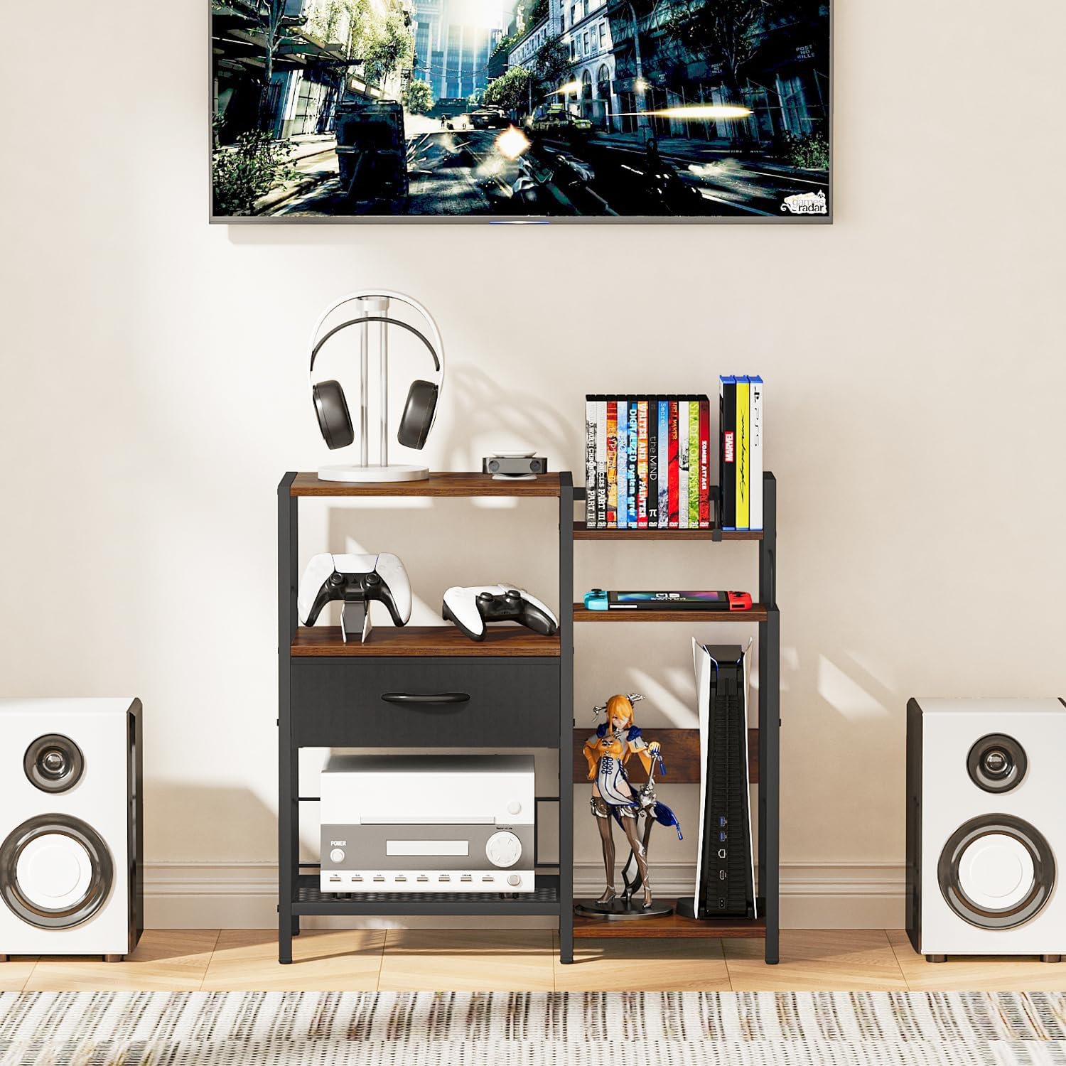 17 Stories AV Media Stand, Audio Video Rack DVD Video Game Storage ...
