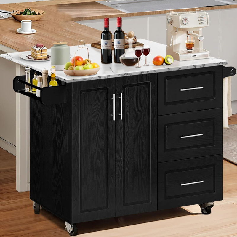 Winston Porter Kitchen Island Cart with Drop Leaf & Drawers,Kitchen ...