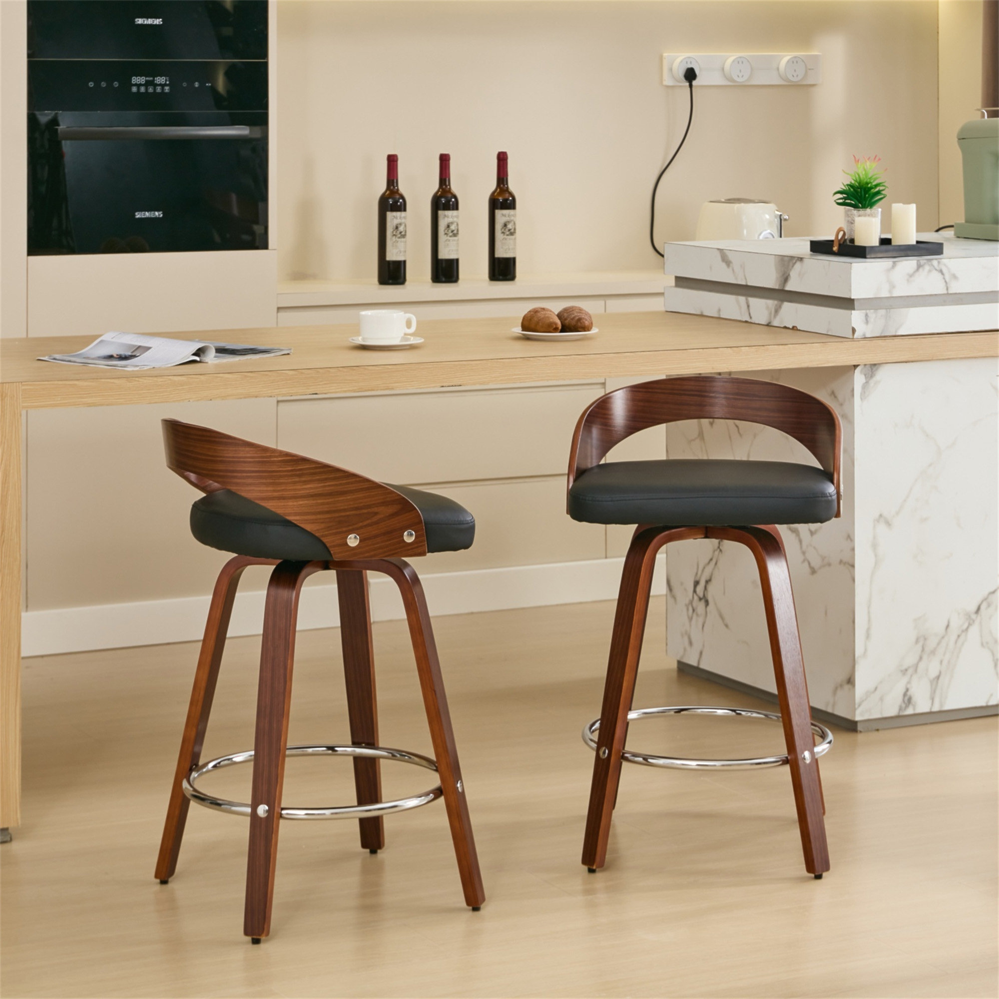 Corrigan Studio Bar Stools Set Of 2, Swivel Bar Height Stools With Low Back, Wood Bar Chairs ...