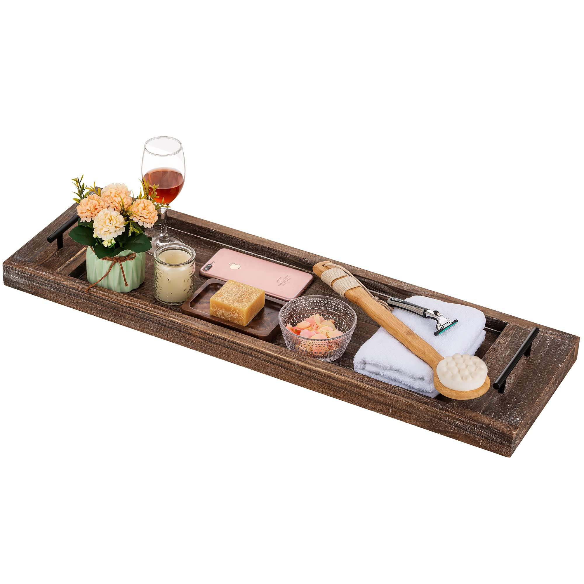 Loon Peak® Wooden Bathtub Tray Bathroom Organizer, Oversized Rustic ...
