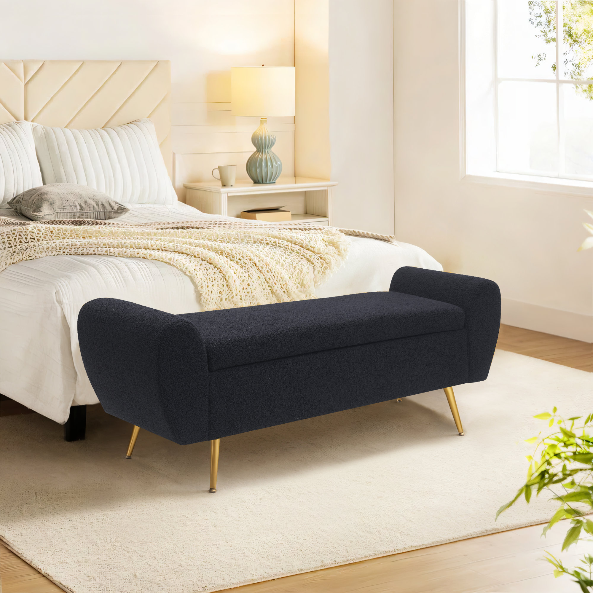 Everly Quinn Shaneta 57" Upholstered Storage Bench with Arms & Reviews ...