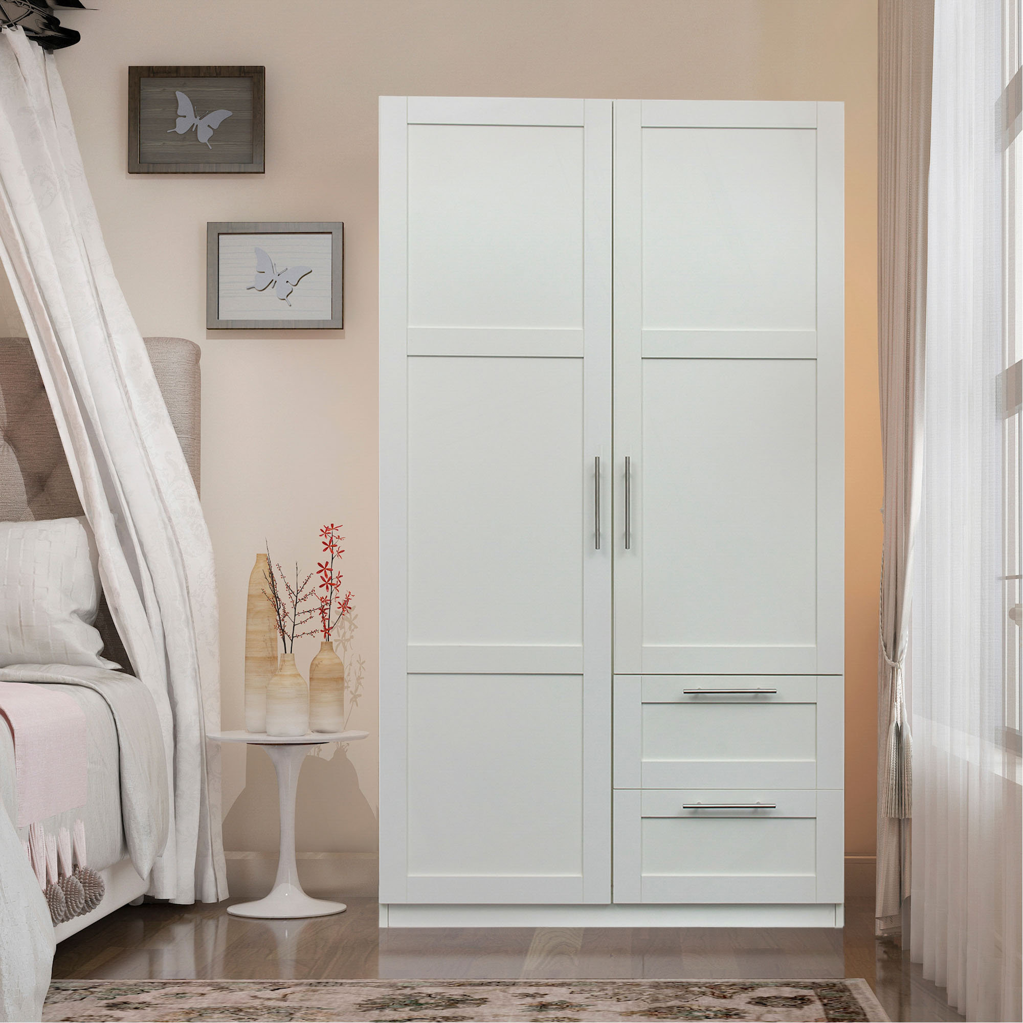 August Grove® High Wardrobe And Kitchen Cabinet With 2 Doors, 2 Drawers ...