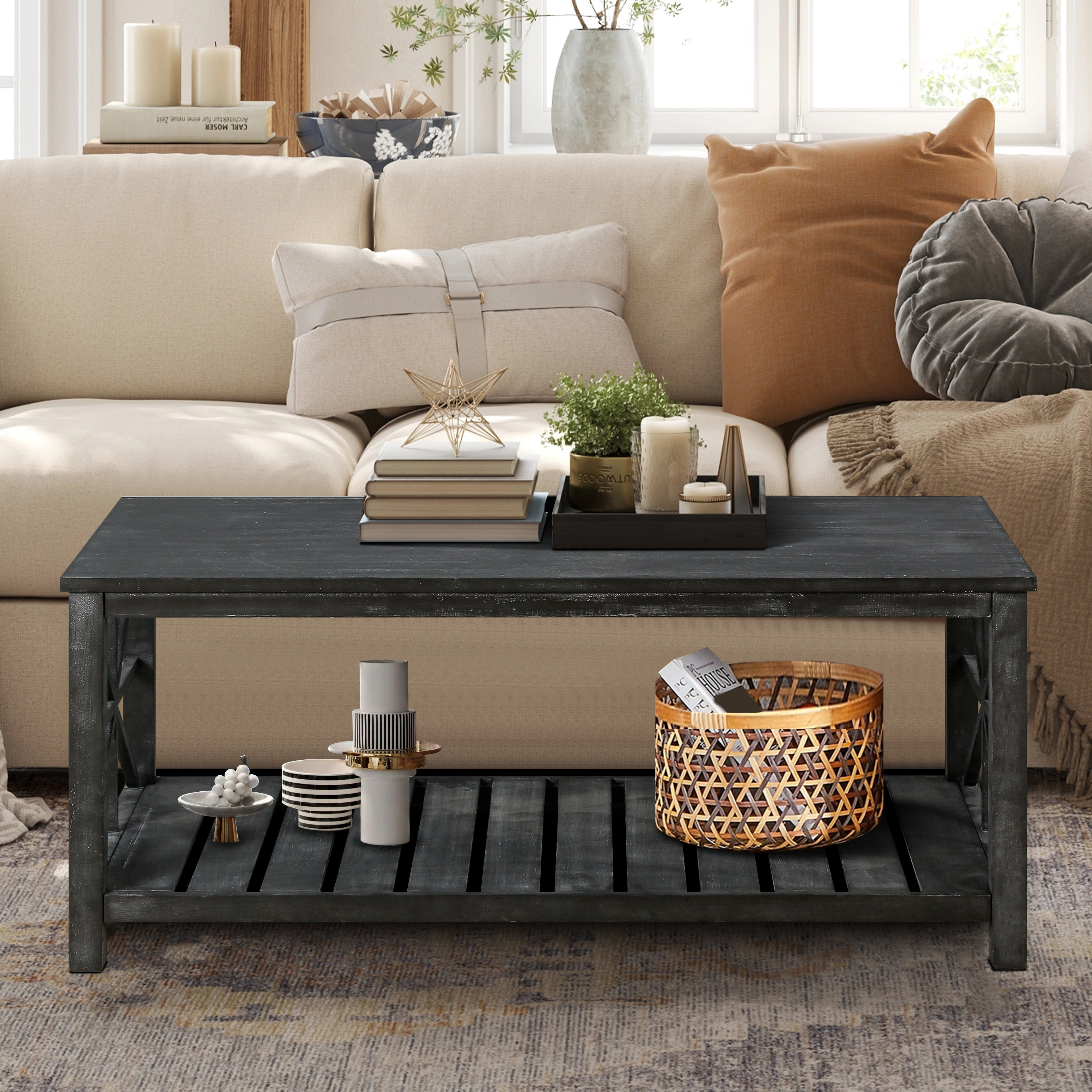 Ophelia & Co. 47 Inch Modern Coffee Table With Storage Shelf, Farmhouse ...