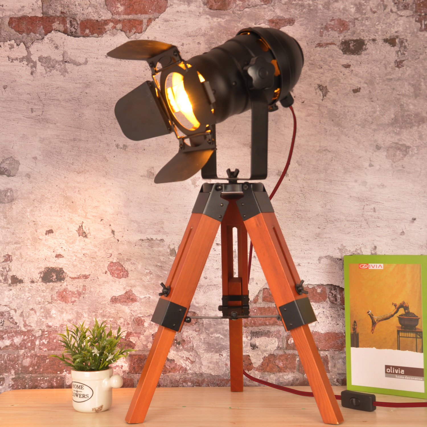 17 Stories Farmhouse Vintage Adjustable Cinema Tripod Wood Table Lamp ...
