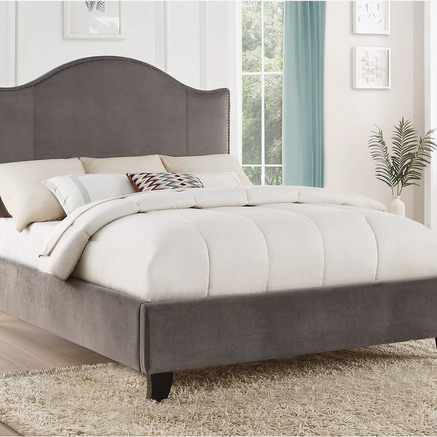 Lark Manor™ Modern Traditional Bedroom Gray Velvet Upholstered Bed ...