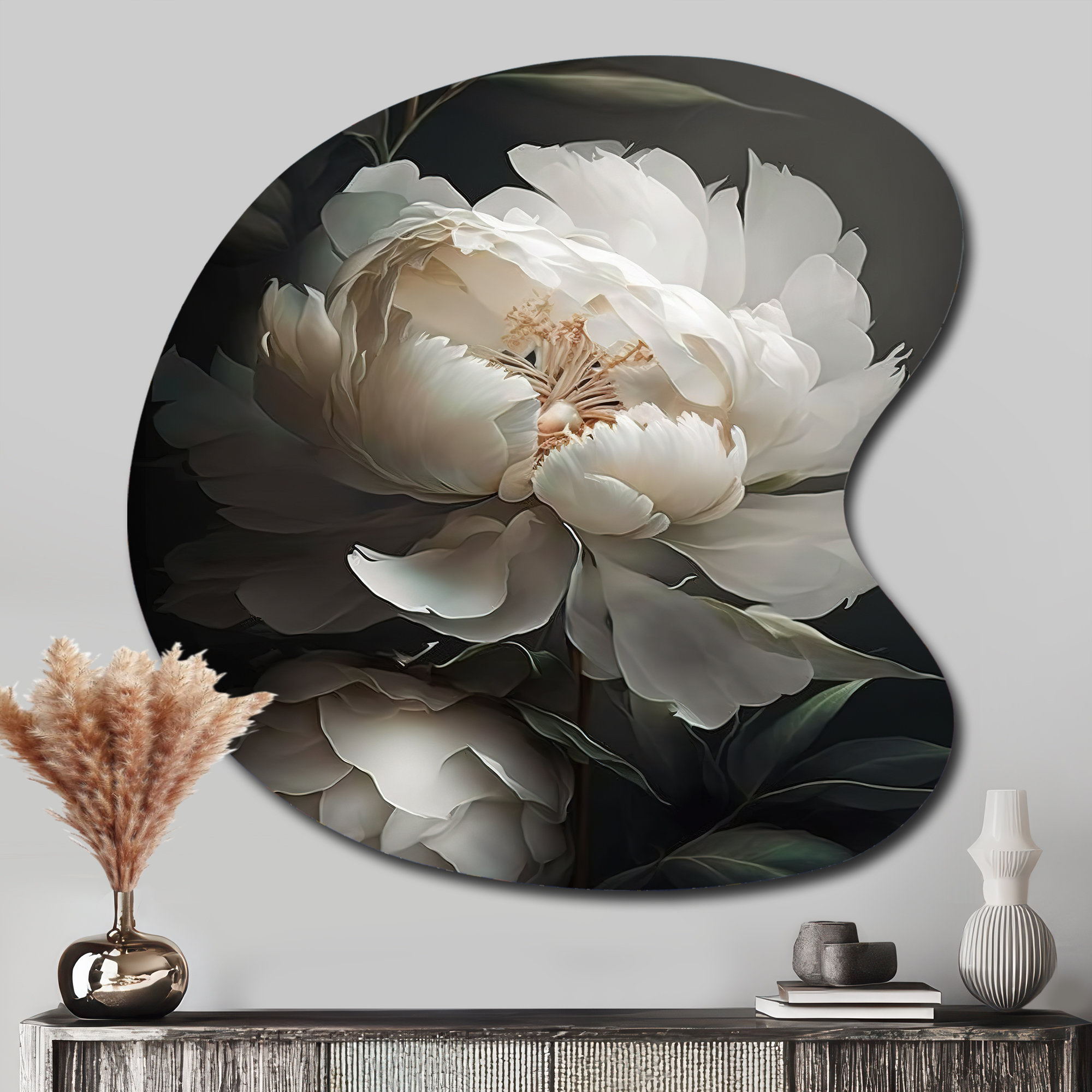Design Art Peony Flower III - Peonies Drop Shape Asymmetric Metal Wall ...