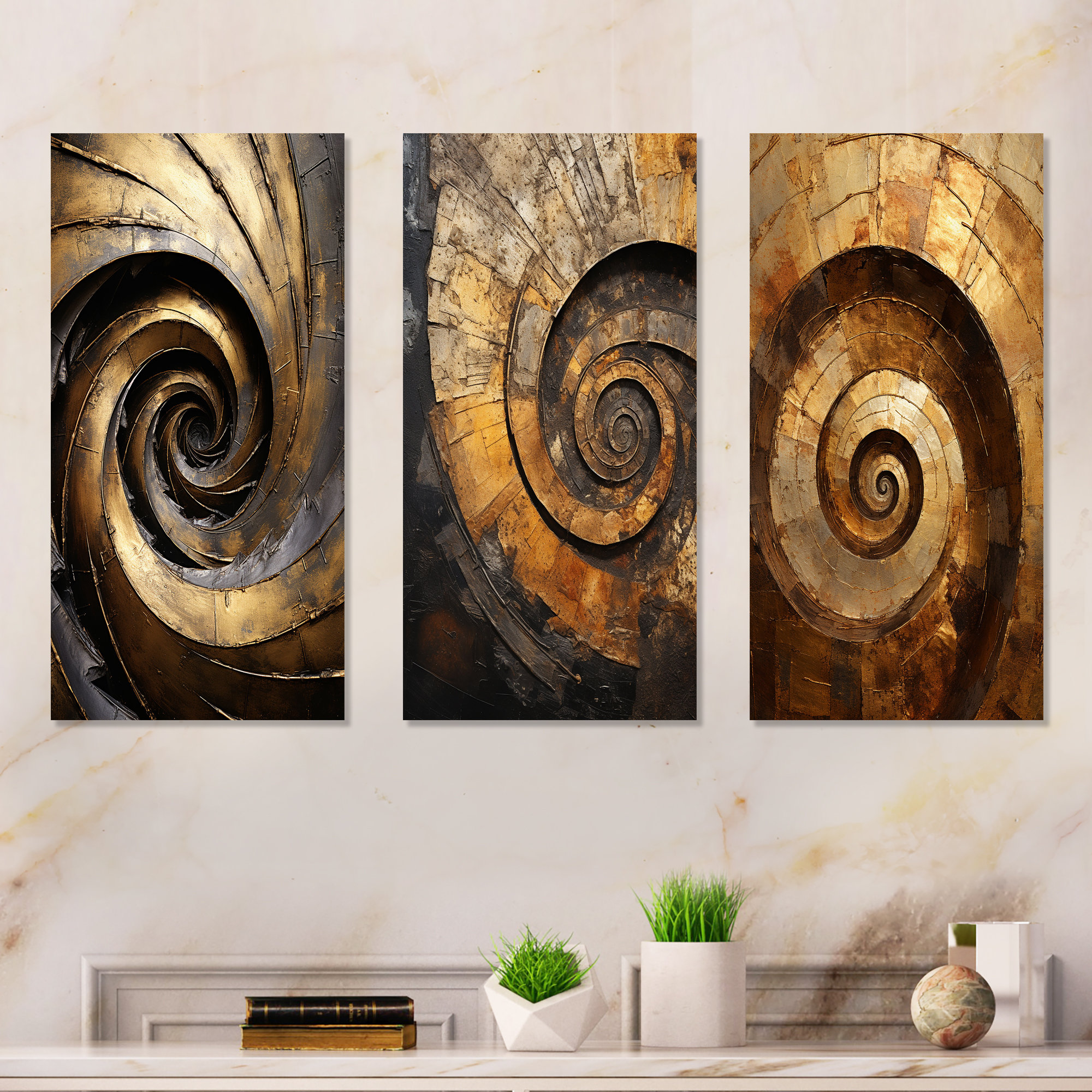 Design Art Gold Black Timeless Turn - Abstract Spirals Metal Art Print Set Of 3 | Wayfair