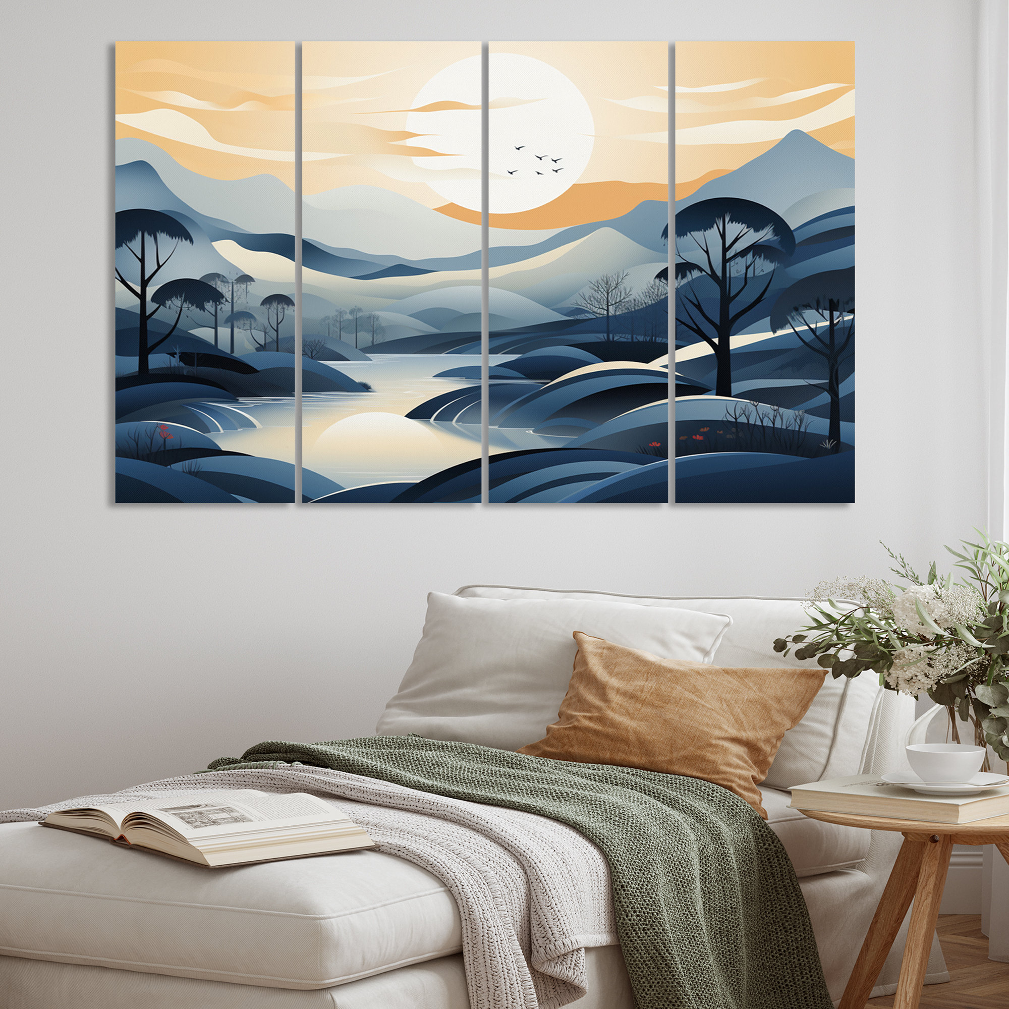 Design Art Blue Grey Line Art Landscape - Abstract Line Canvas Wall Art ...